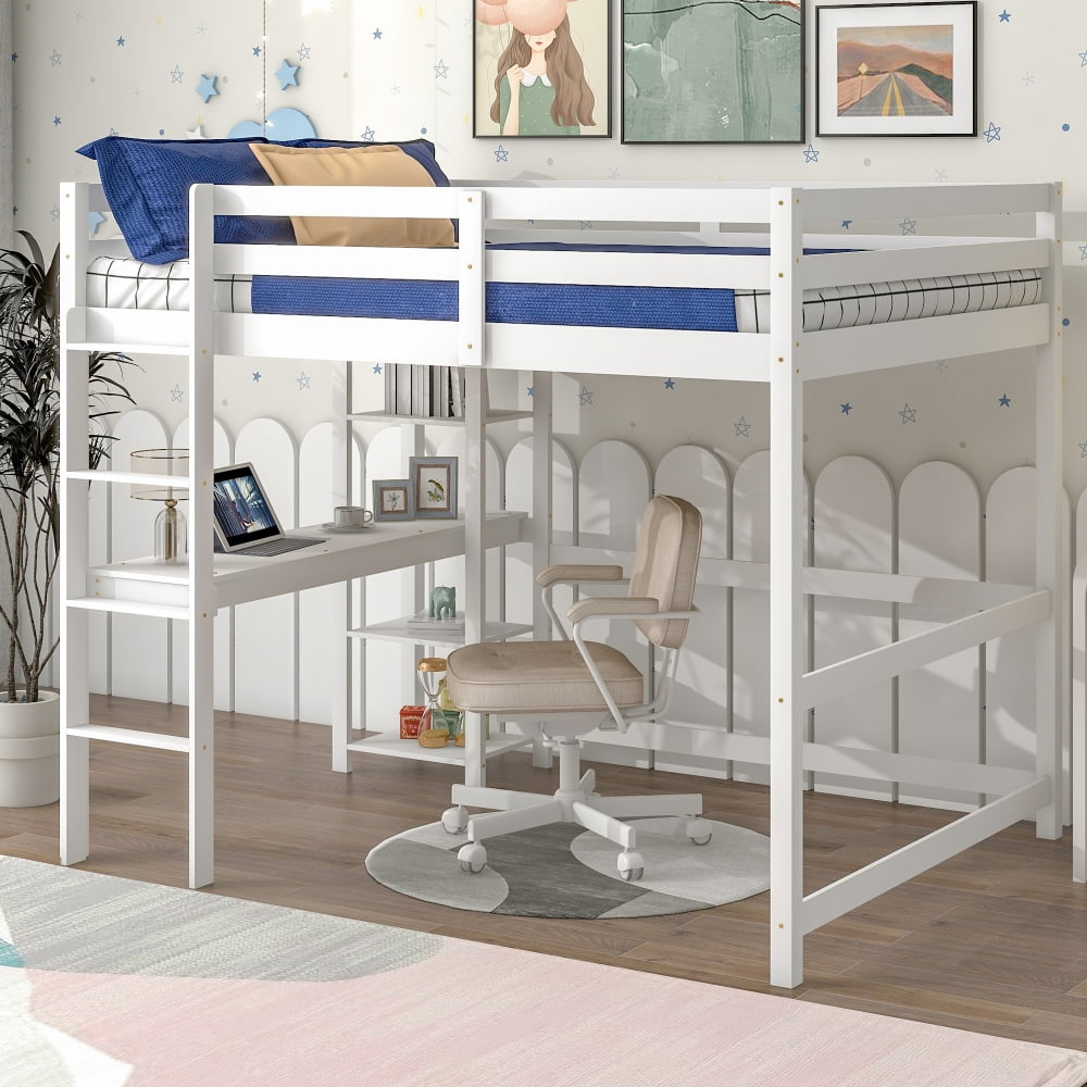 Full Size Loft Bed with Built-in Desk for Kids Teens Adult, Wooden Bed ...