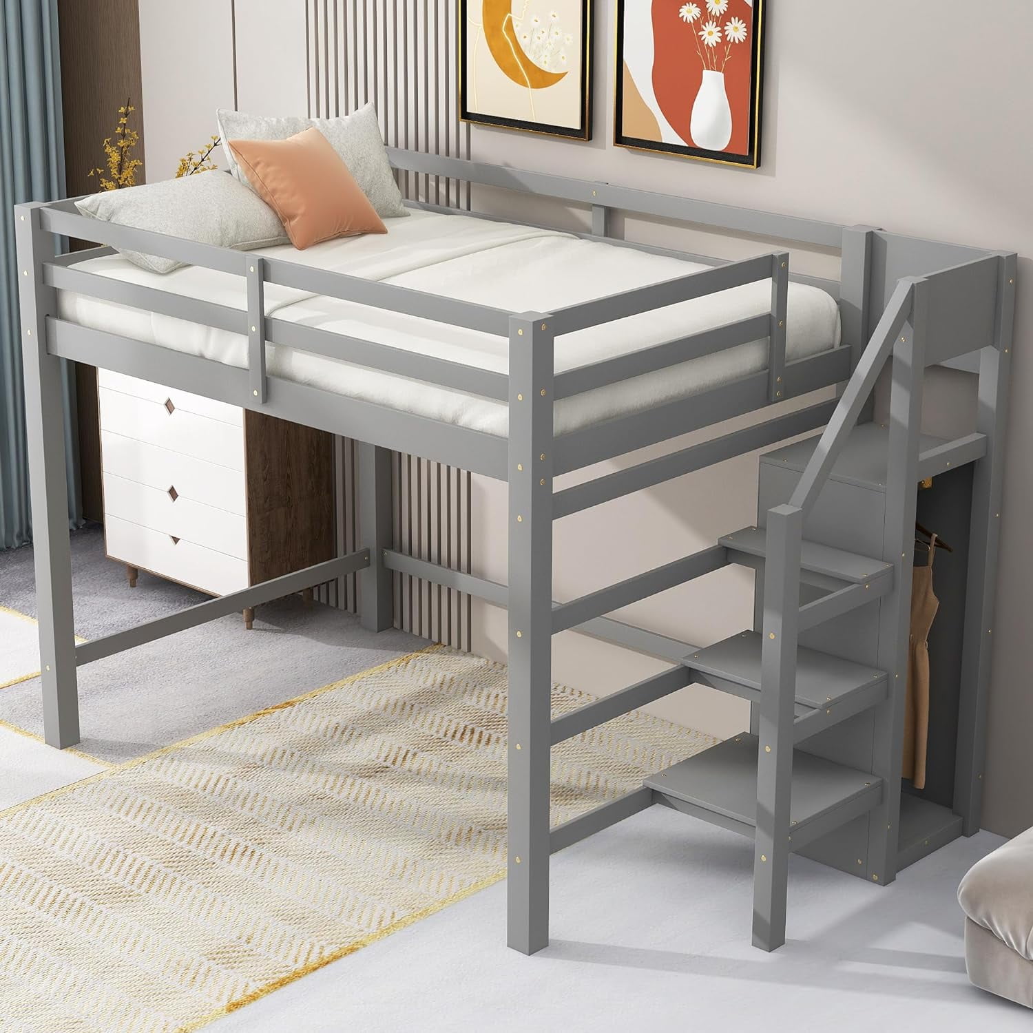 Full Size Loft Bed with Built-in Storage Wardrobe,Multi-Functional ...