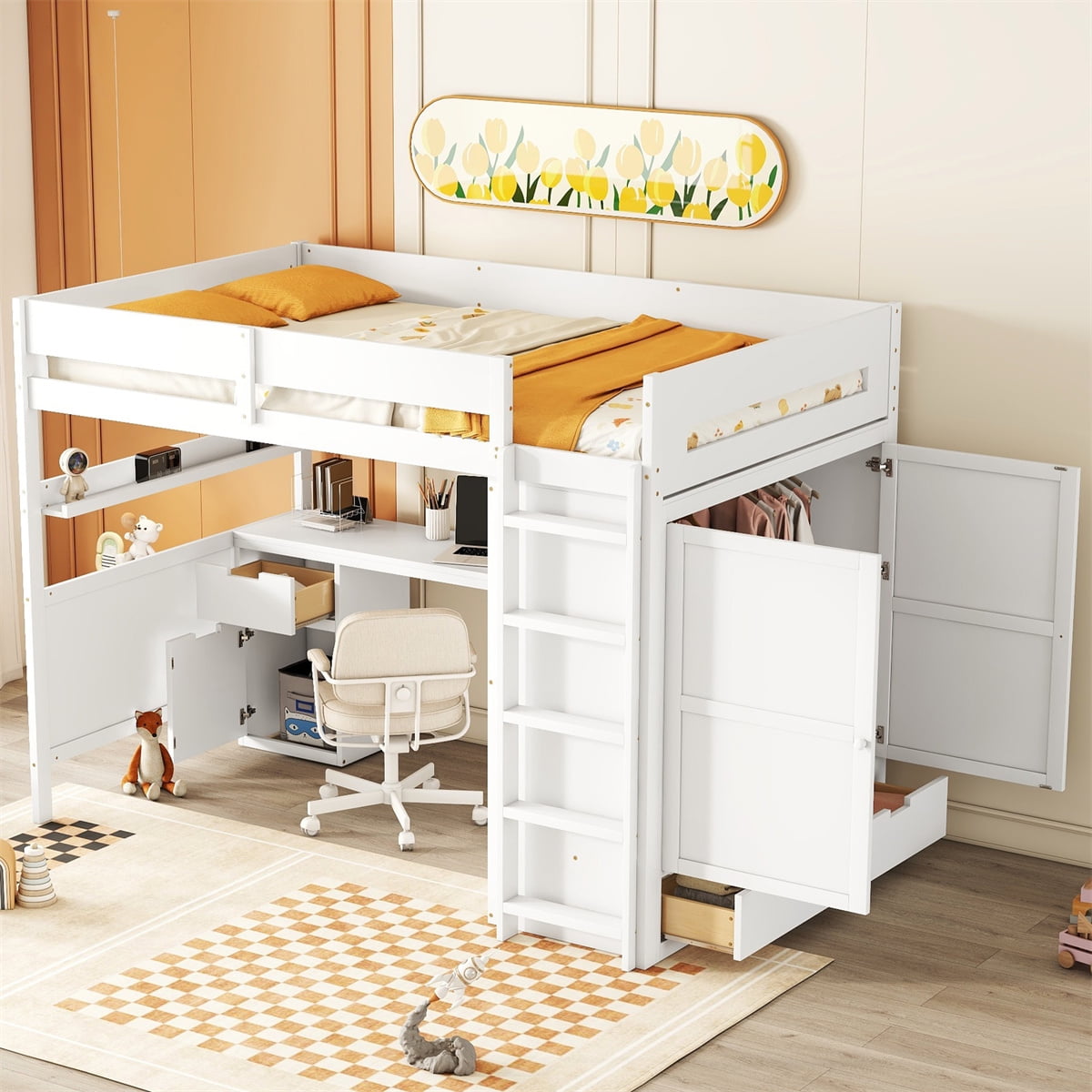 Full Size Loft Bed with Built-in Wardrobe, Under-Bed Desk and Drawers ...