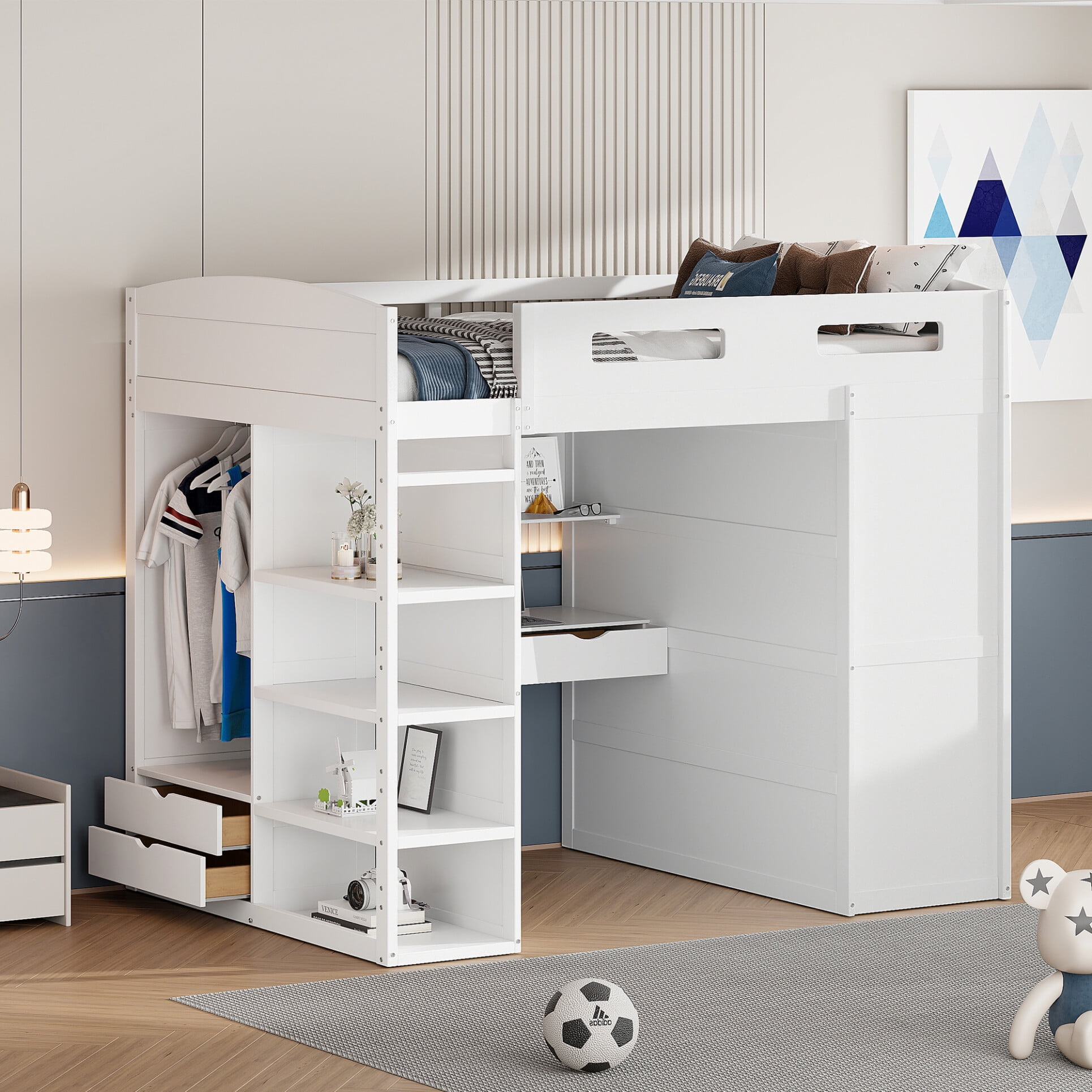 Full Size Loft Bed with Desk and 2 Wardrobes, Sturdy Wooden Loft Bed ...
