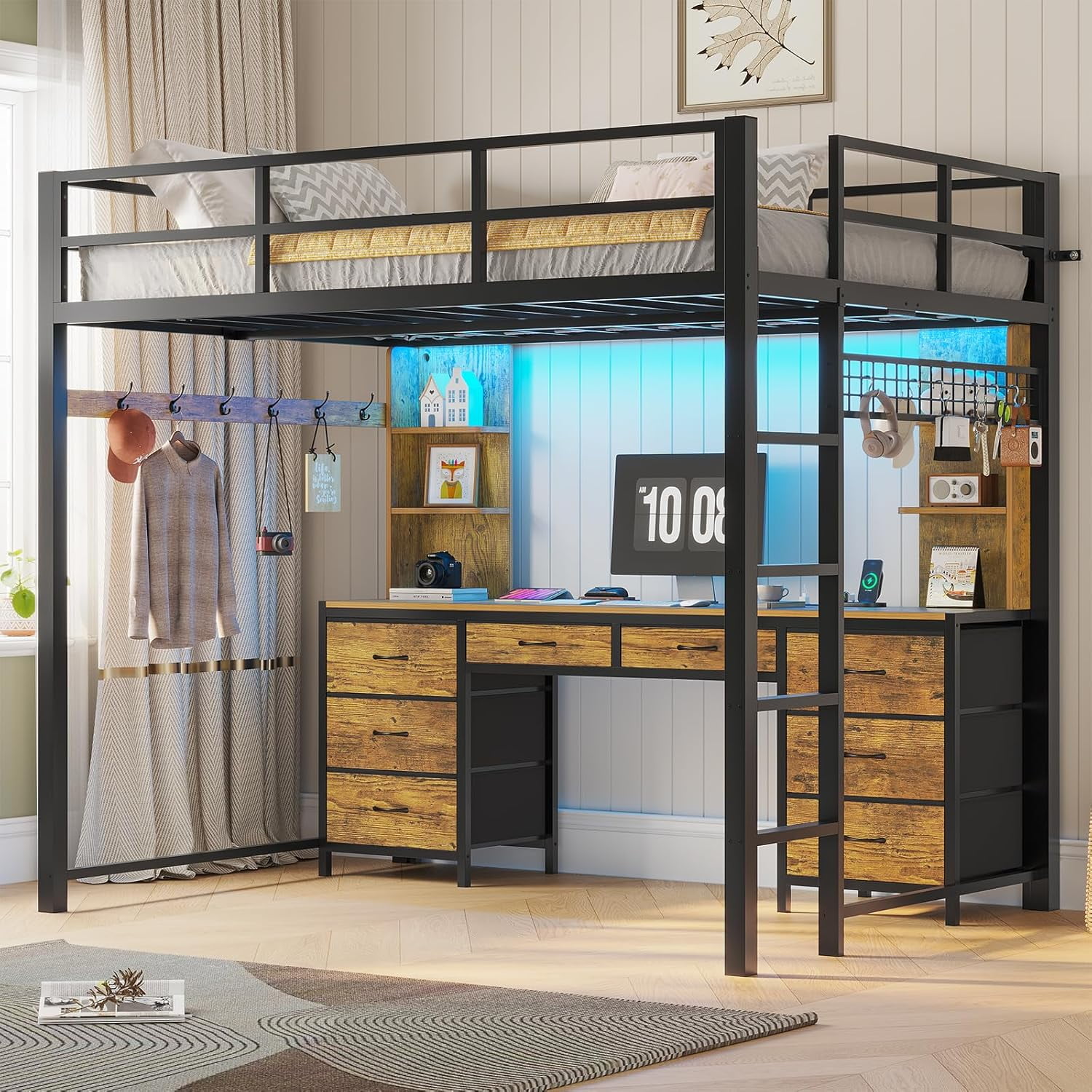 Full Size Loft Bed with Desk and 8 Storage Drawers, Metal Loft Bed Full ...