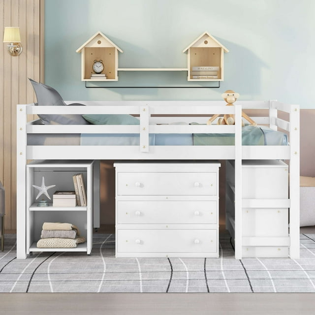 Full Size Loft Bed with Desk, Storage Cabinet, Rolling Desk, Bedroom ...