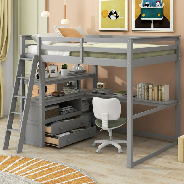 Full Size Loft Bed with Desk & Shelves & 2 Built-In Drawers for Kids ...