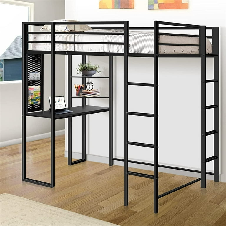 Full Size Loft Bed with Desk and Shelves for Kids Teens Adult Metal Bed Frame with 2 Build in Ladders and Full Length Guardrail Noise Free Space Saving Design No Box Spring Needed Walmart