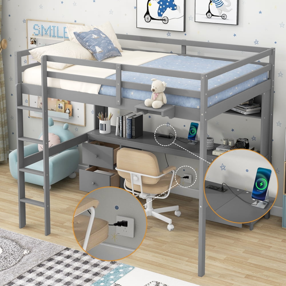 Walmart Full Size Loft Bed with Desk, Solid Wood Frame, Storage Drawers ...