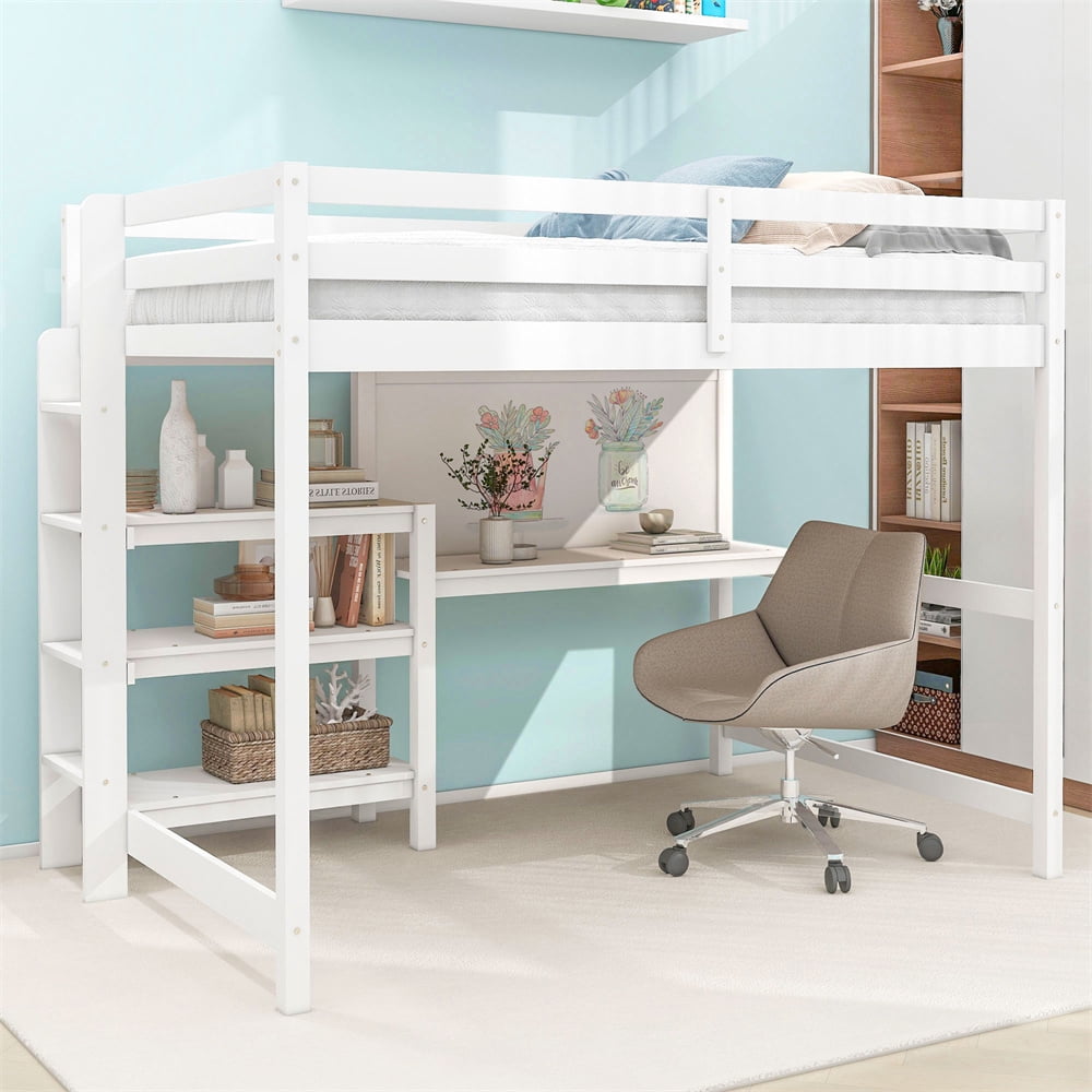 Full Size Loft Bed with Desk, Solid Wood Loft Bed Frame with Shelves ...