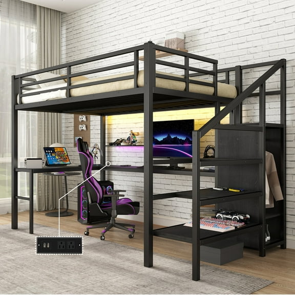 Bellemave Full Size Loft Bed with Desk and Stairs, Heavy Duty Gaming ...