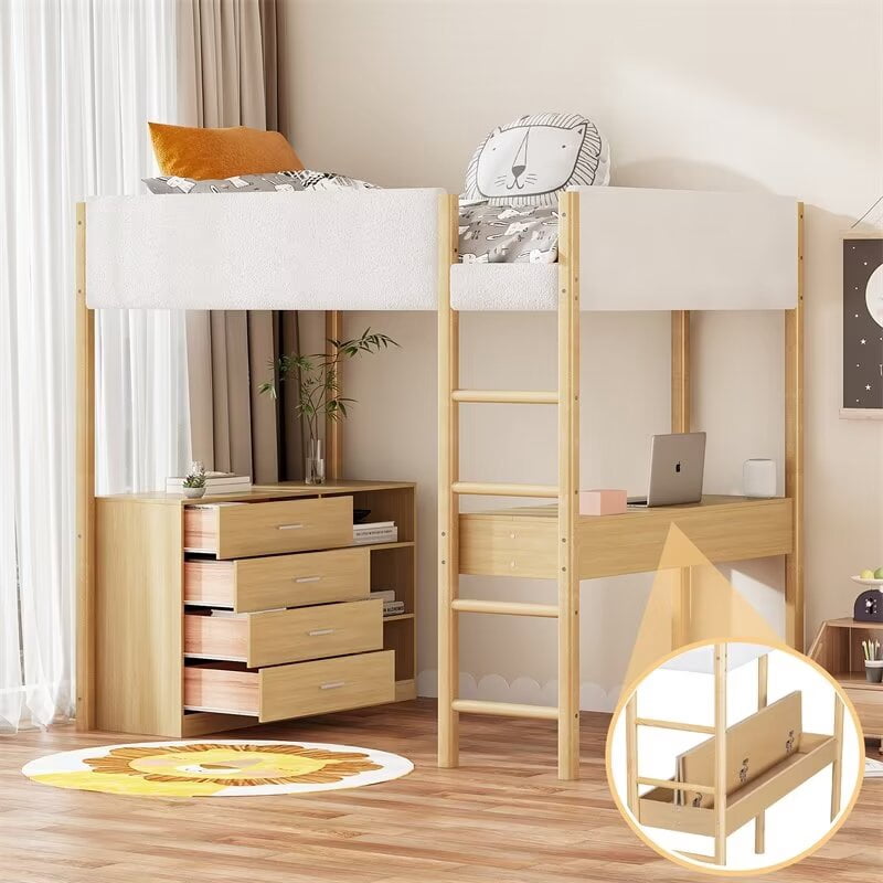 Full Size Loft Bed with Desk, Storage Shelf and Drawers, Wooden Loft ...