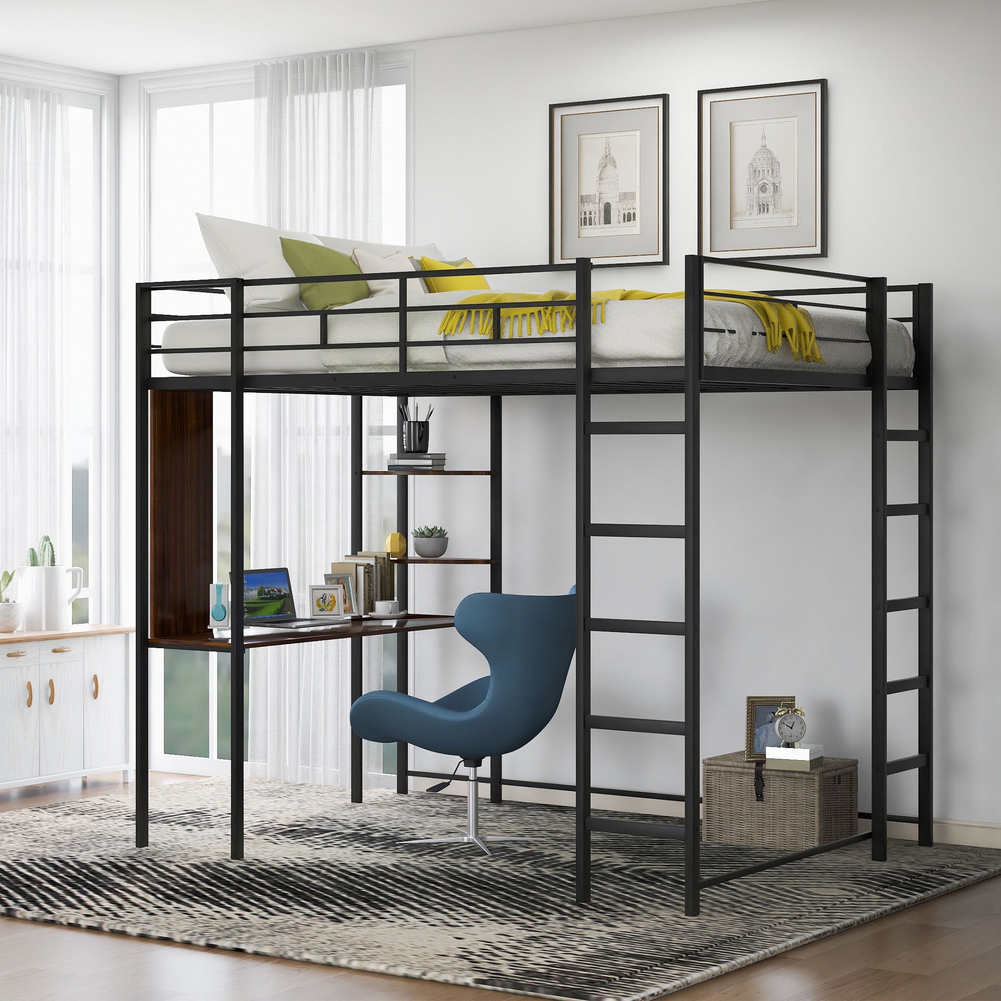 Full Size Loft Bed with Desk and Storage Shelves, Metal Loft Bed Frame ...