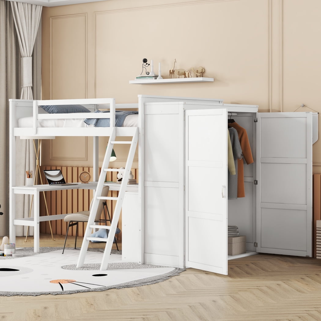 Full Size Loft Bed with Desk and Wardrobe, Wooden Loft Bed with Desk ...