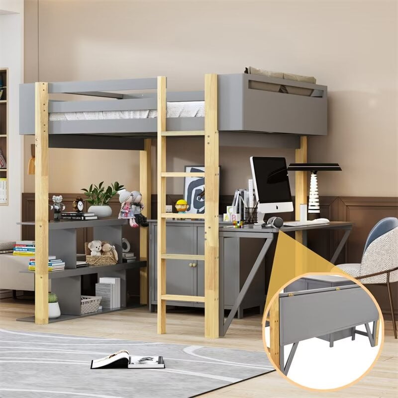 Full Size Loft Bed with Foldable Desk, Wooden Loft Bed Frame with Built-in Storage Cabinet and ...