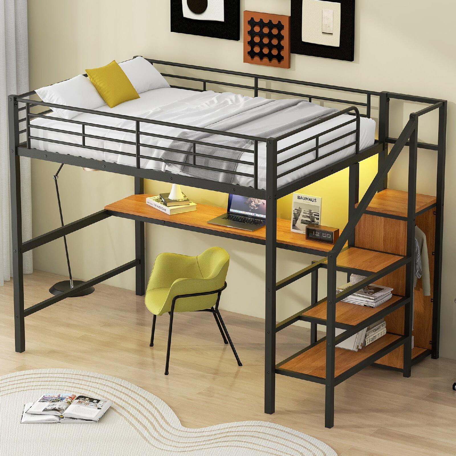 Full Size Loft Bed Frame with Build-in Desk LED Light, Heavy Duty Beds ...