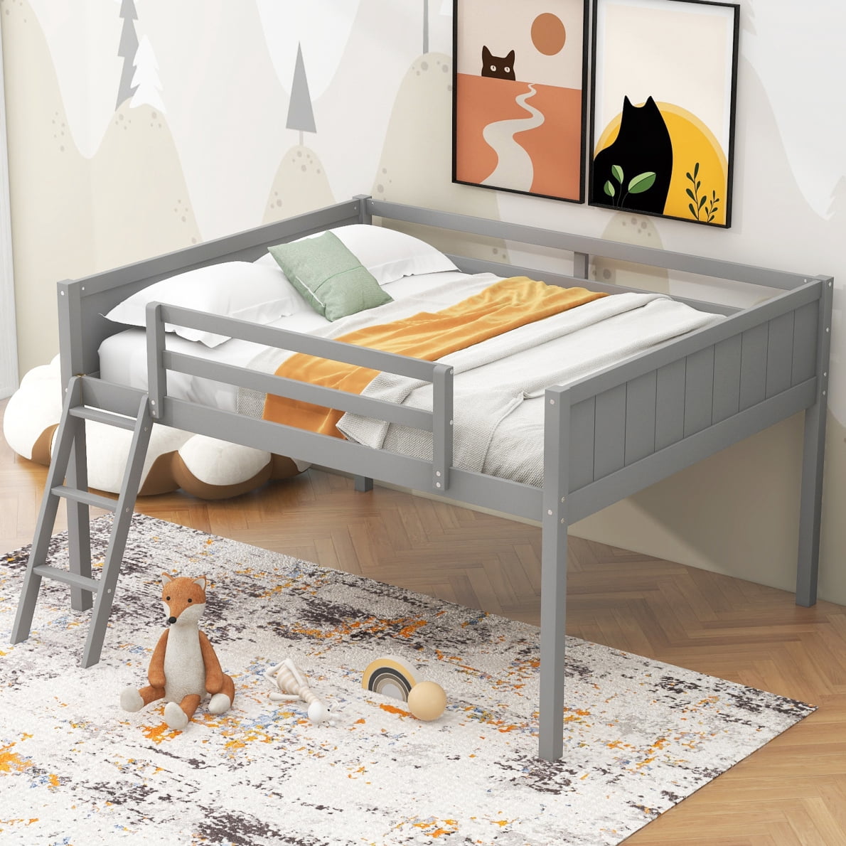 Full Size Loft Bed Frame with Convertible Ladder & Full-Length ...