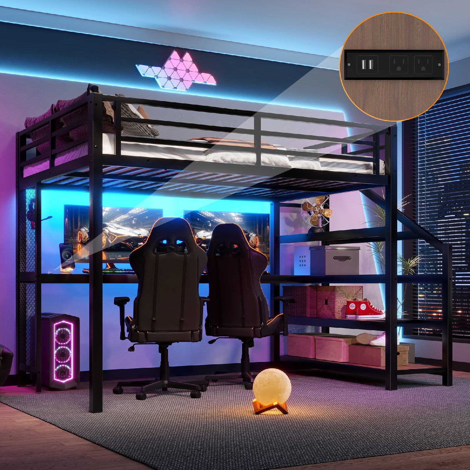 Full Size Loft Bed Frame with Desk and Charging Station, Metal Loft ...