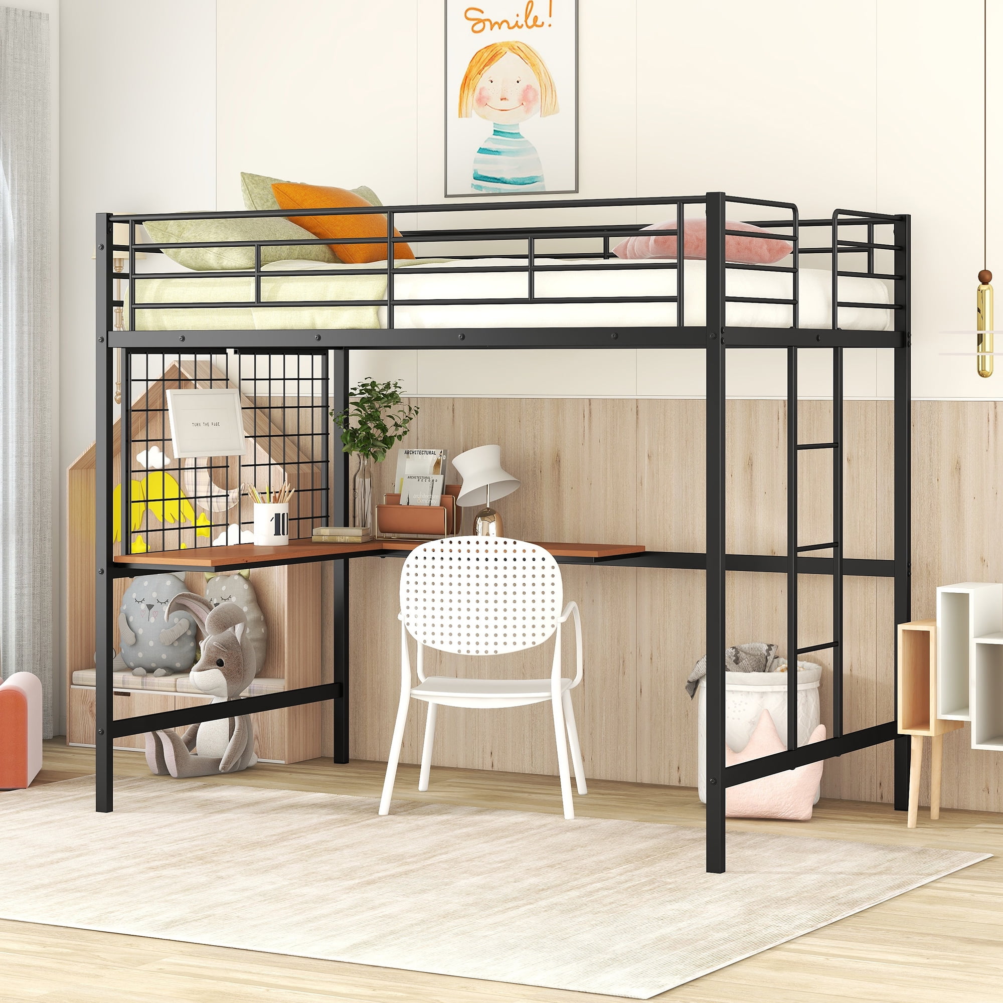 Full Size Loft Bed Frame with Desk and Metal Grid, Health and Comfort ...