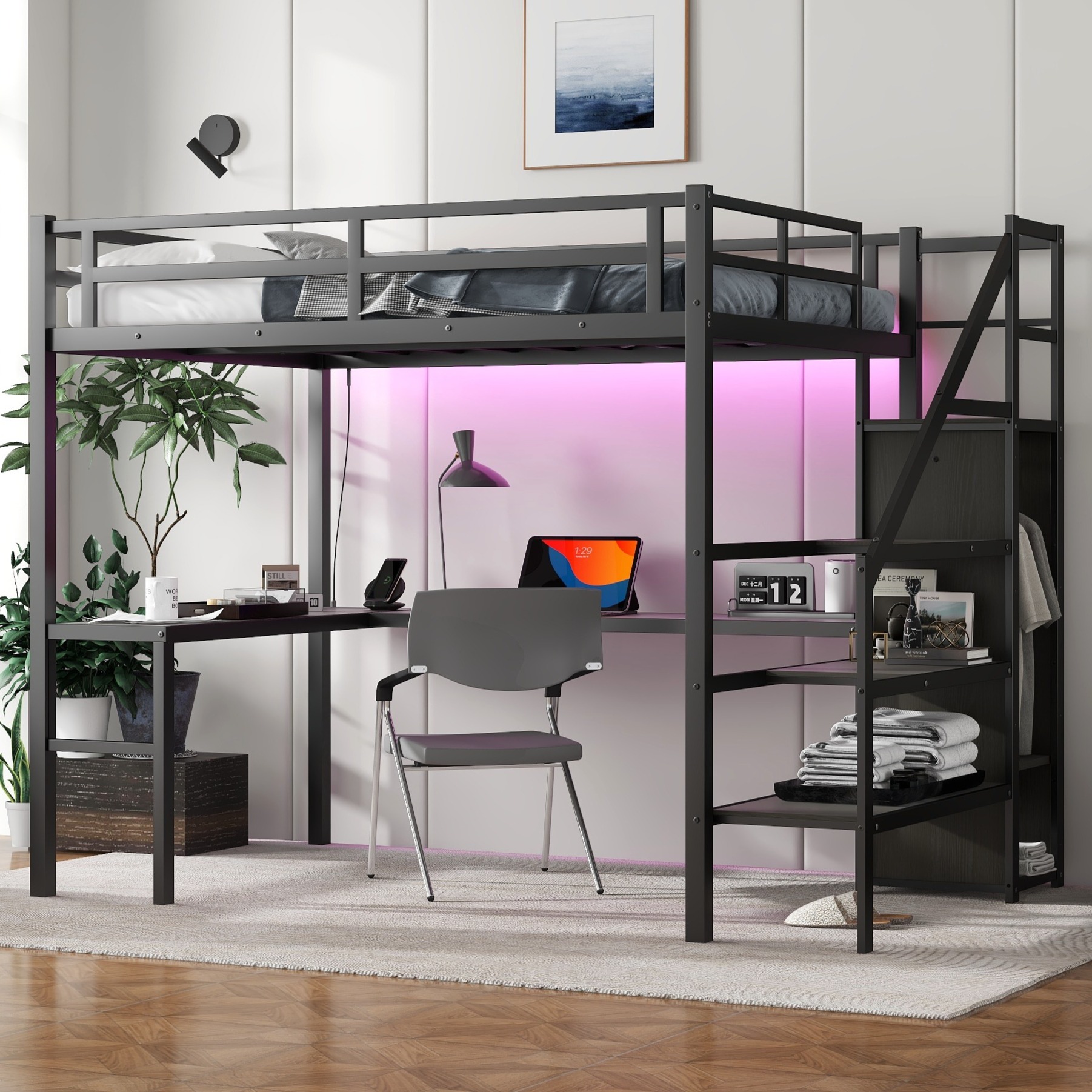 Full Size Loft Bed Frame with L-shaped Desk and USB, Metal Loft Bed ...