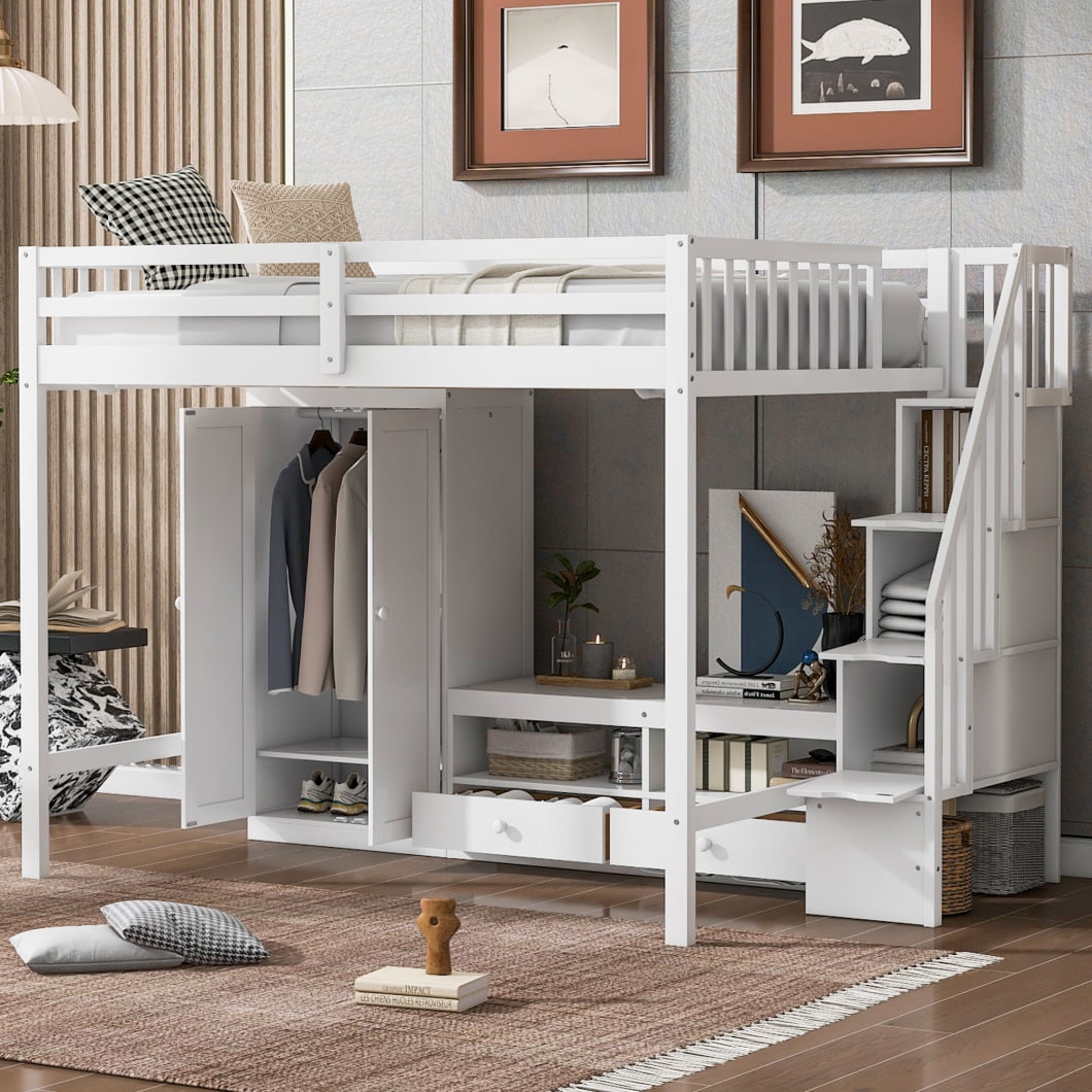 Full Size Loft Bed Frame with Built-in Storage Staircase, Wood Loft Bed ...