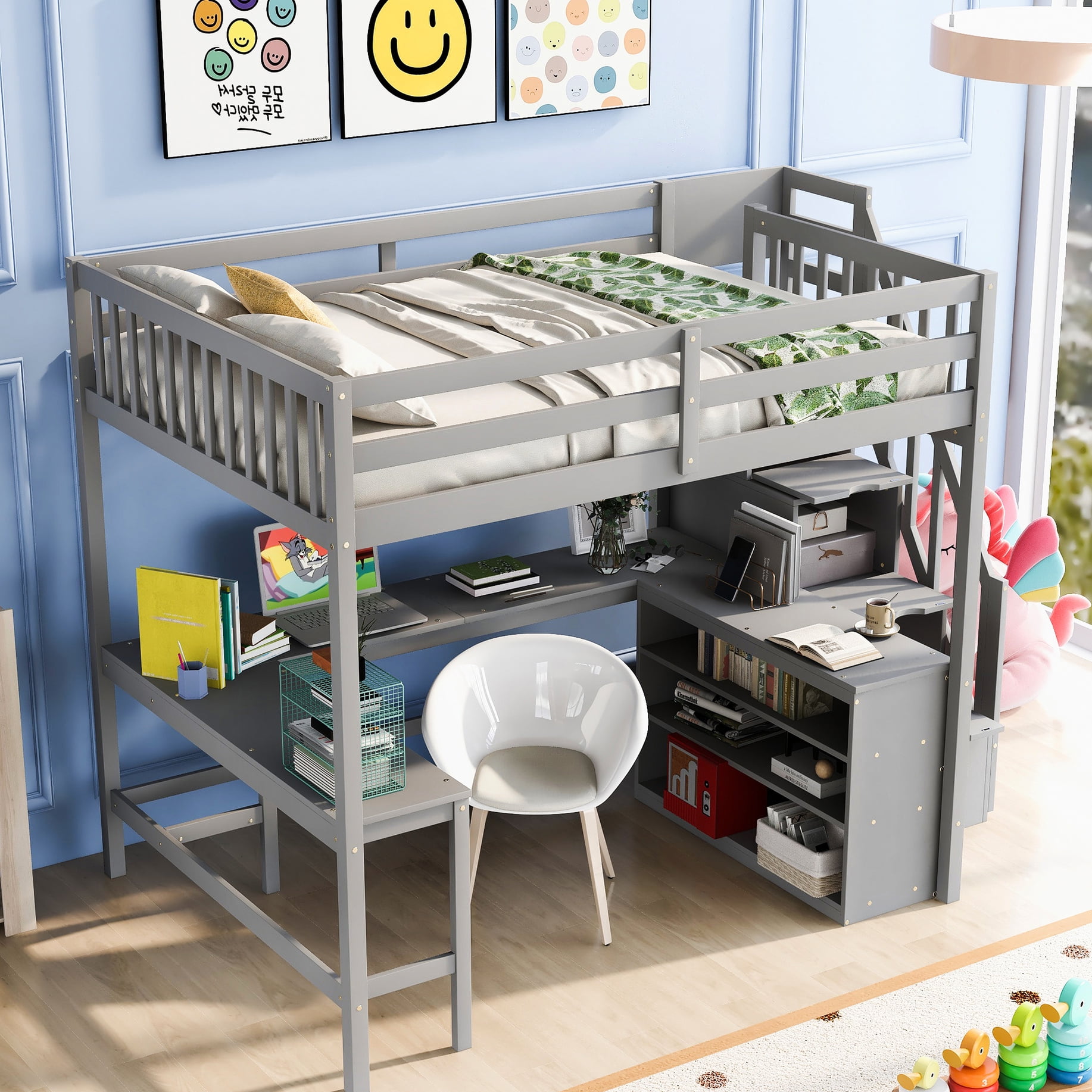 Full Size Loft Bed, Gray Color, With Built-in Desk & Shelves ...