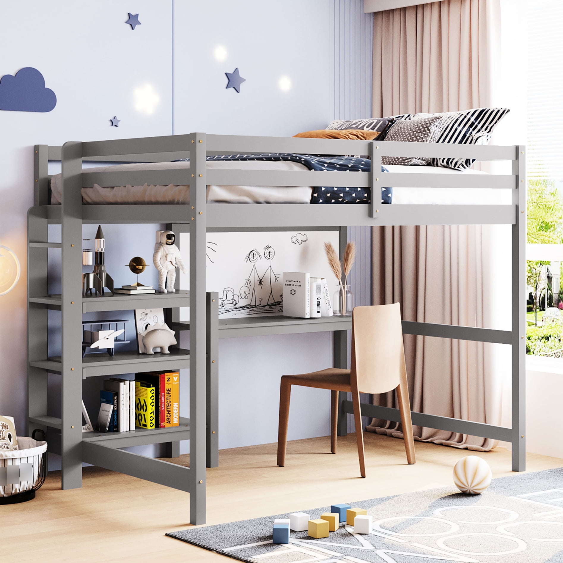 Full Size Loft Bed With Gray Finish. Shelves, Desk, Writing Board For ...