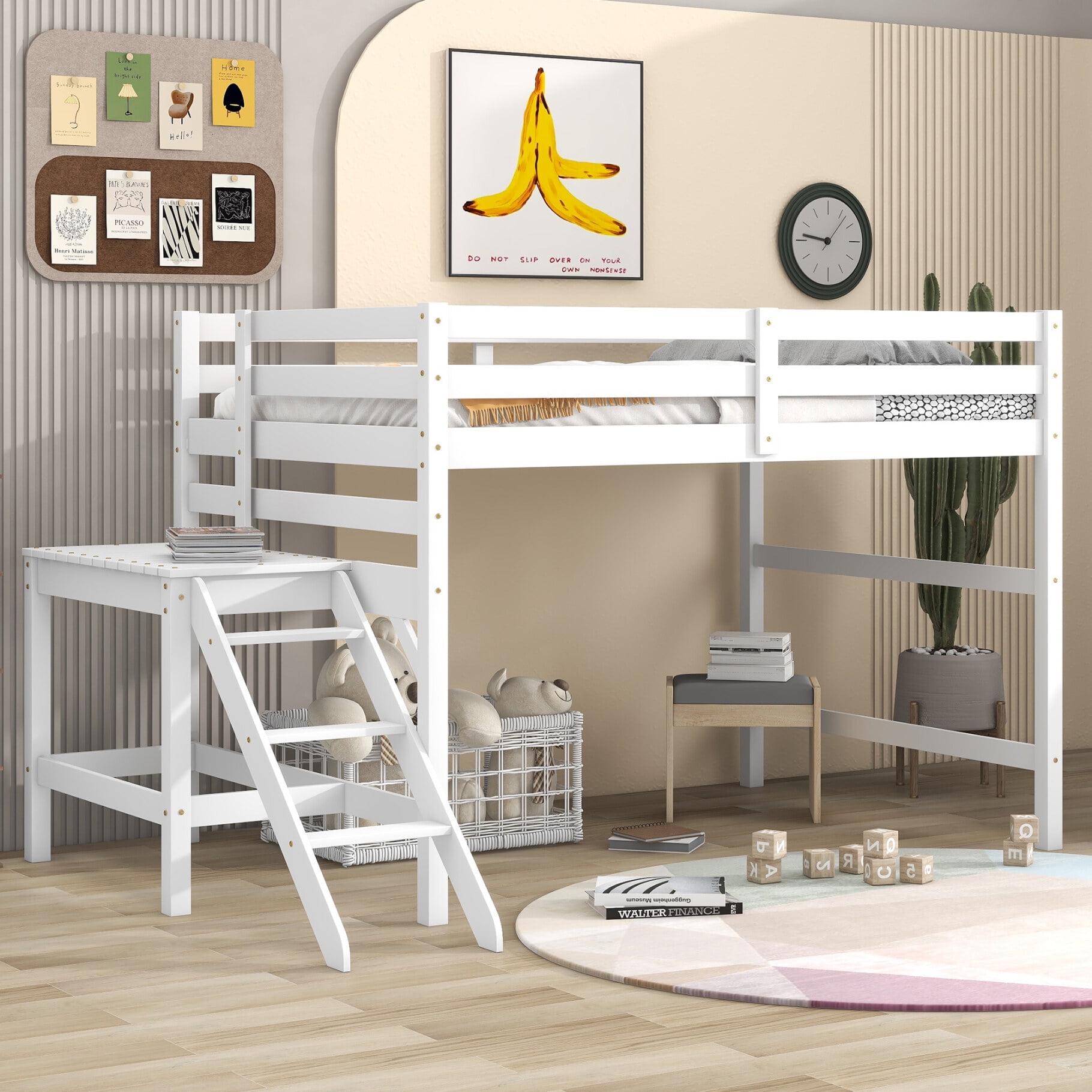 Full Size Loft Bed for Kids, Low Loft Bed Frame with Platform, Inclined ...