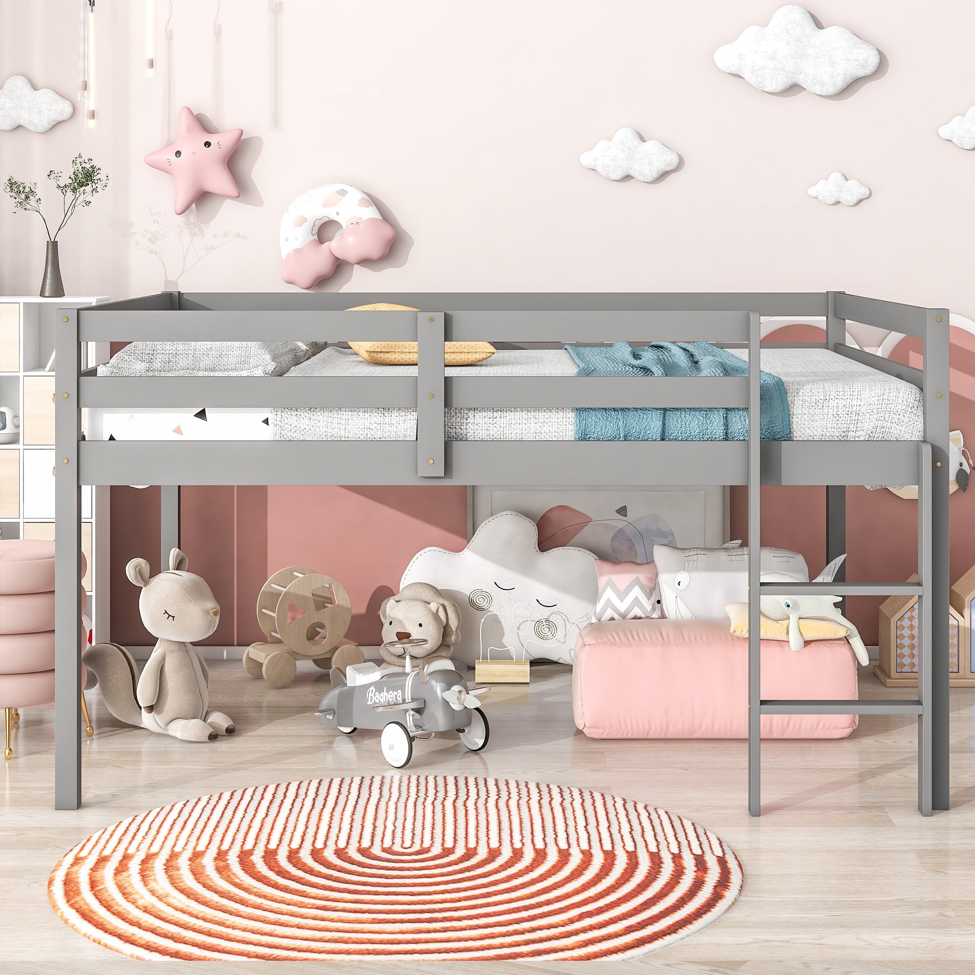 Full Size Loft Bed with Underbed Storage, Ladder, Wooden Frame, Safety ...