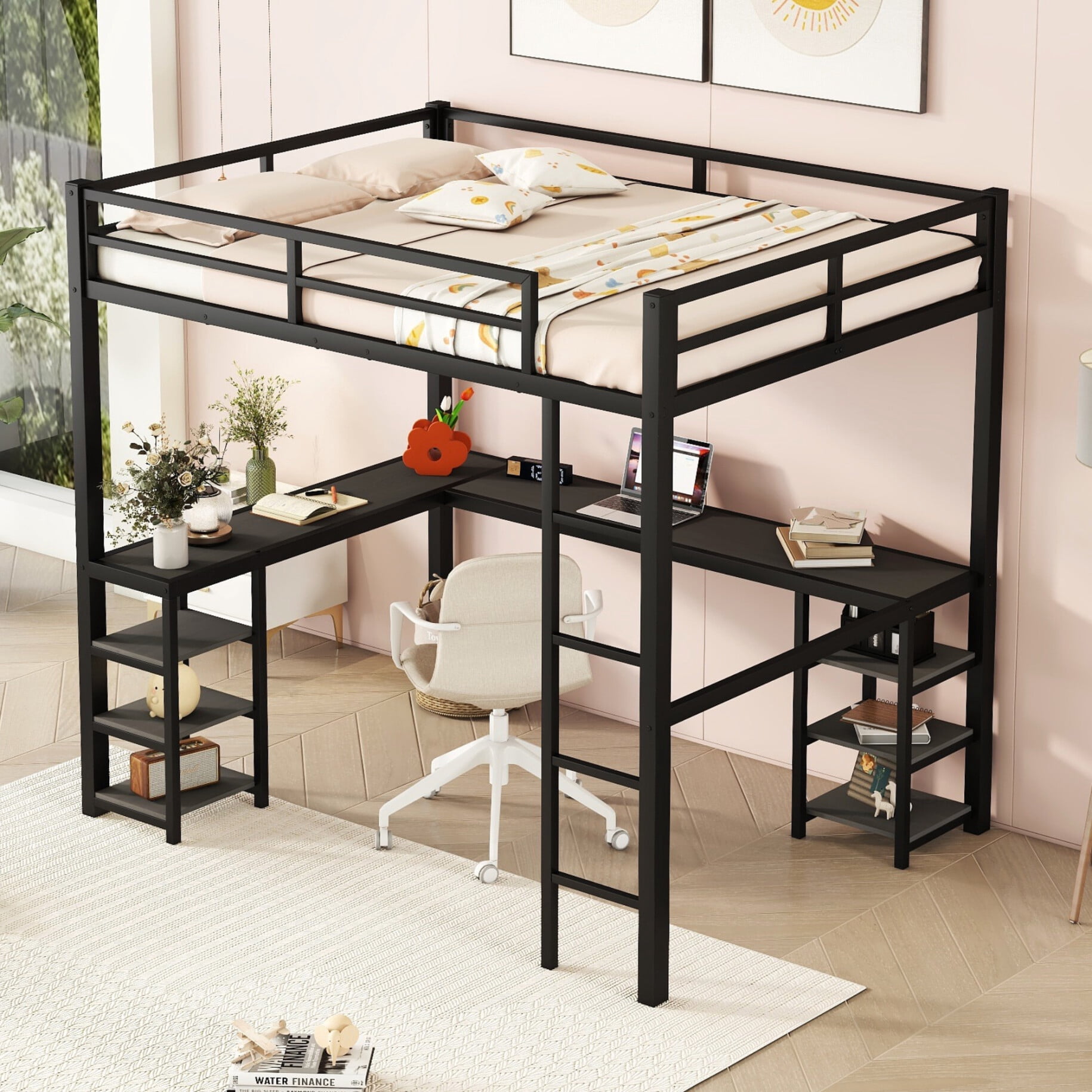 Full Size Loft Bed with L-Shaped Desk & 3-Tier Wooden Shelves, Heavy ...