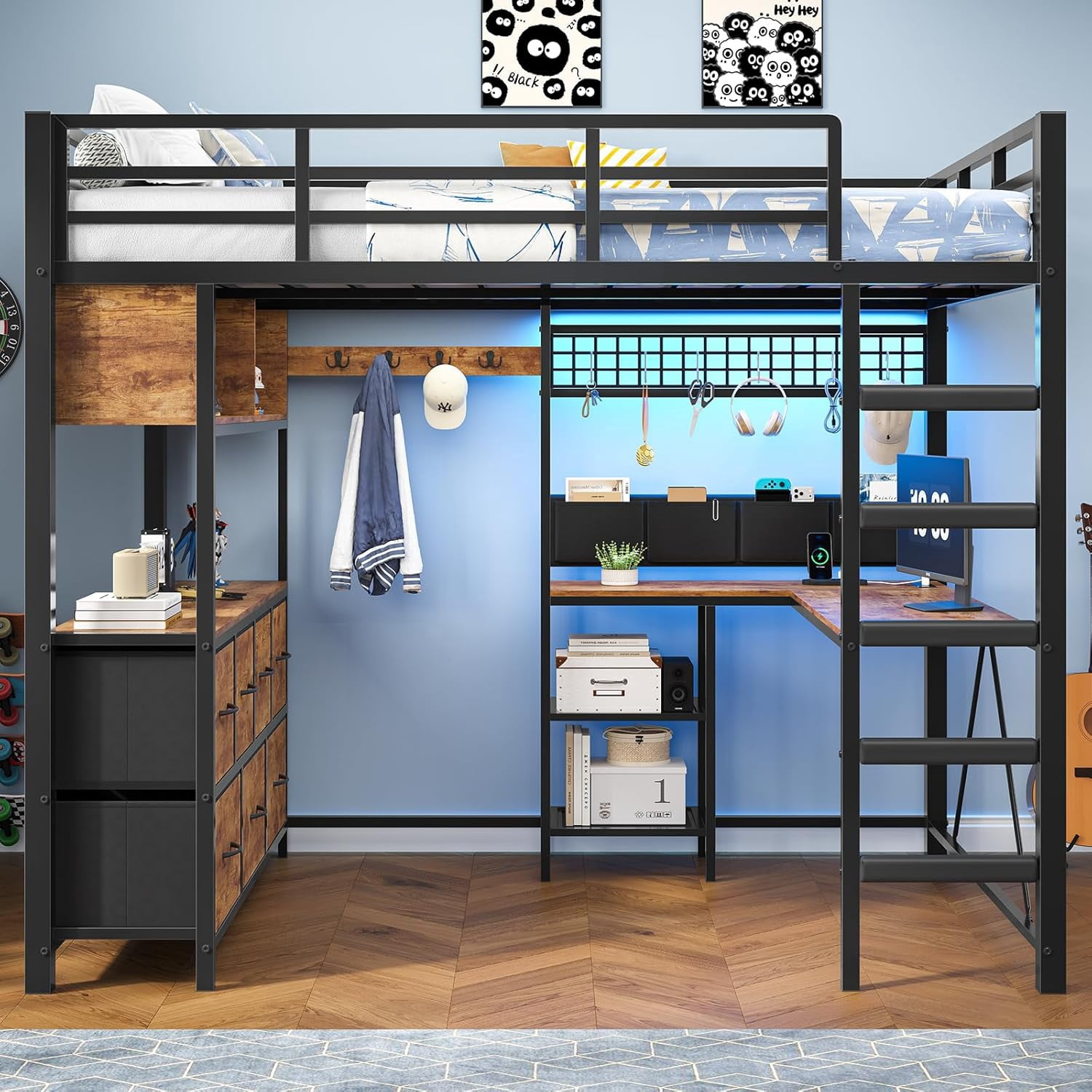 Full-Size Loft Bed with L-Shaped Desk & Charging Hub, 7 Drawers ...