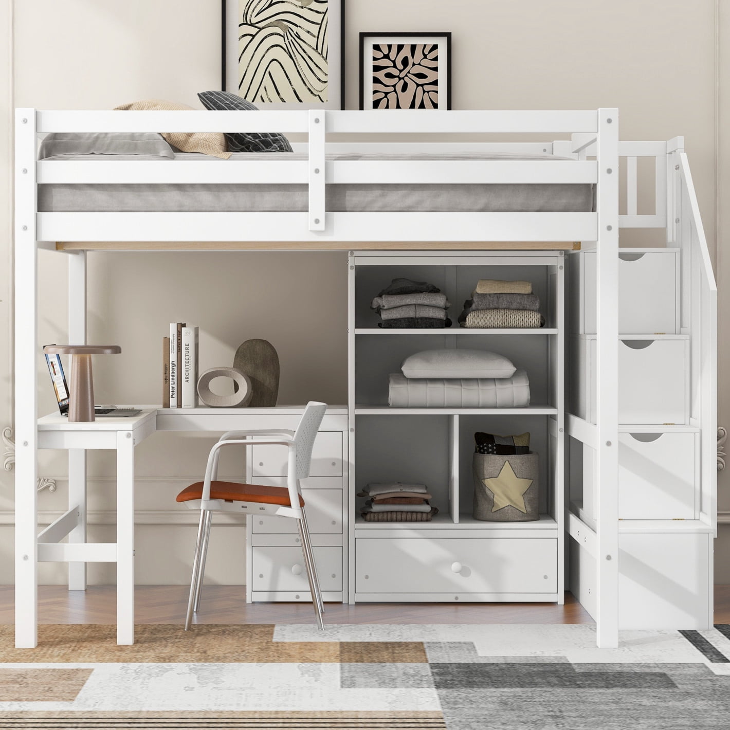 Full Size Loft Bed with L-Shaped Desk, Wooden Loft Bed Frame with ...