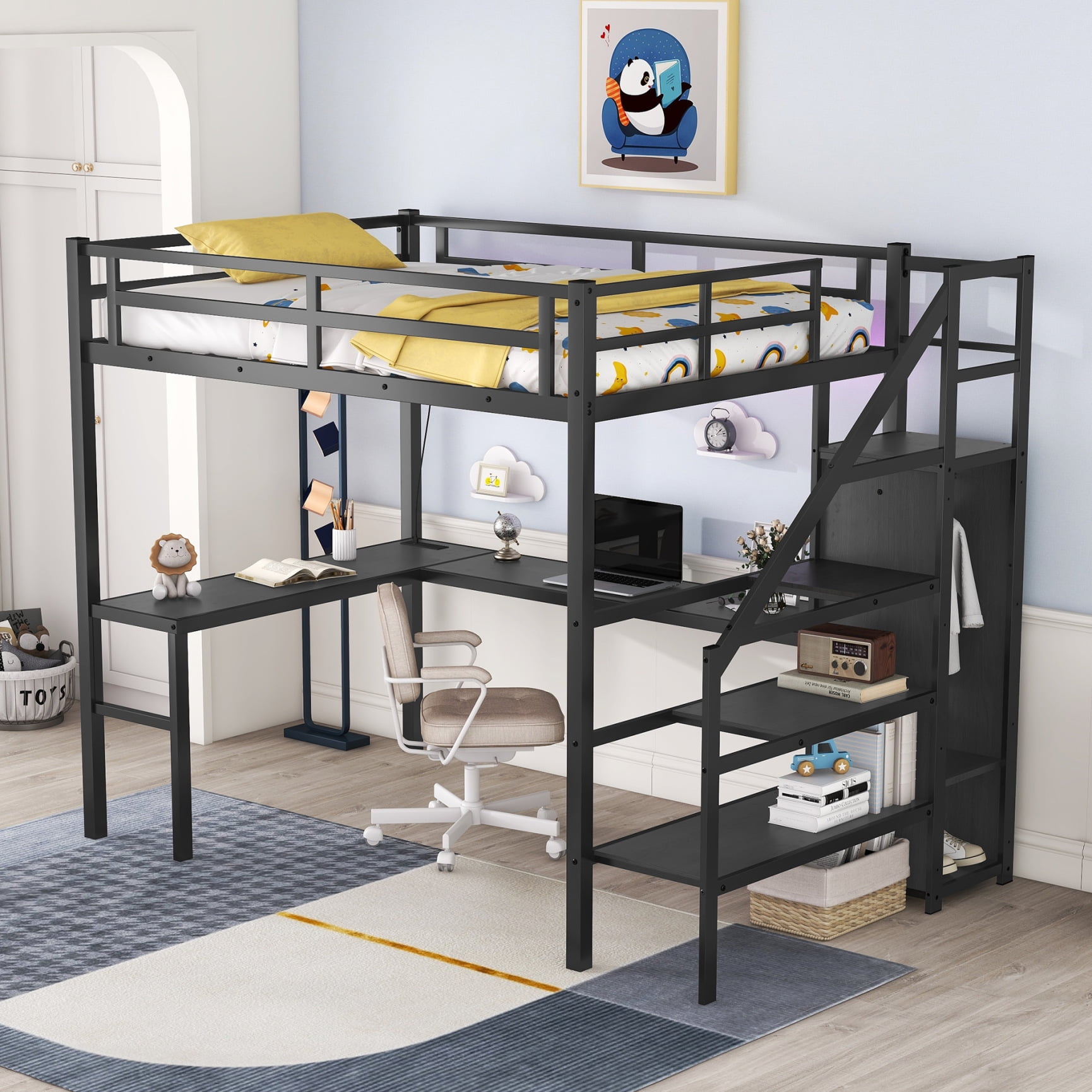 Full Size Loft Bed with L-shaped Desk, LED Lights and USB, Metal Loft ...