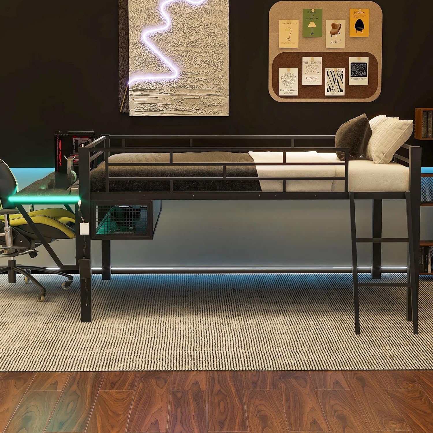 Full Size Loft Bed with LED Light, Heavy Duty Metal Loft Bed with Desk ...