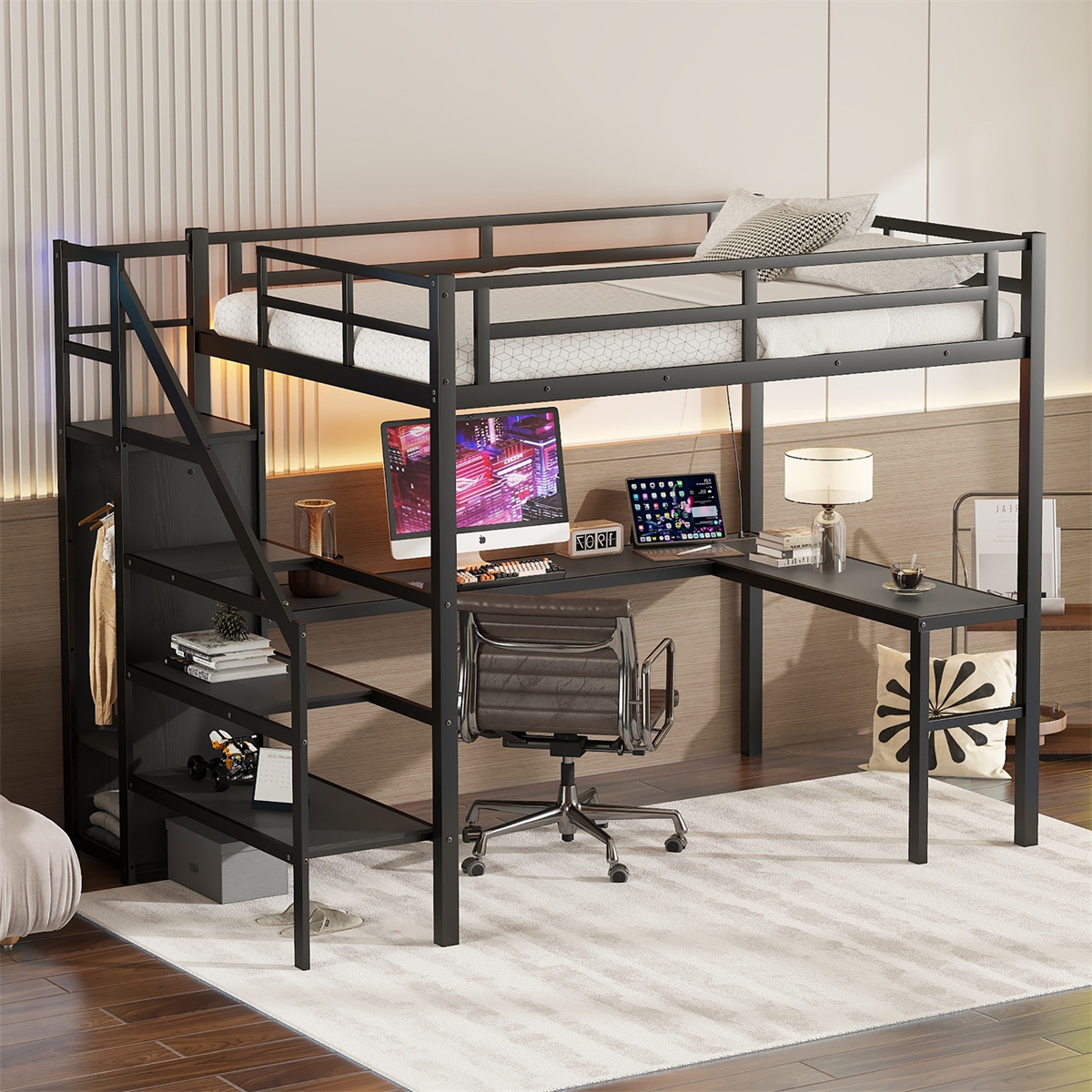 Full Size Loft Bed with LED Lights, Metal Loft Bed Frame with L-Shaped ...
