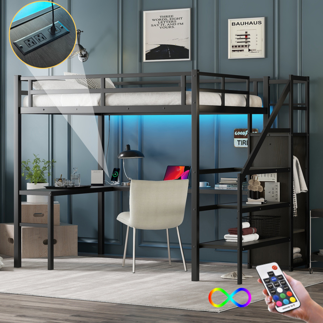 Full Size Loft Bed, Loft Bed Frame with LED, L-shaped Desk and USB ...