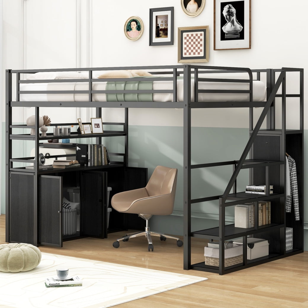 Full Size Loft Bed, Metal Bed Frame Low Loft Beds with Storage Staircase Wardrobe and Study Desk ...