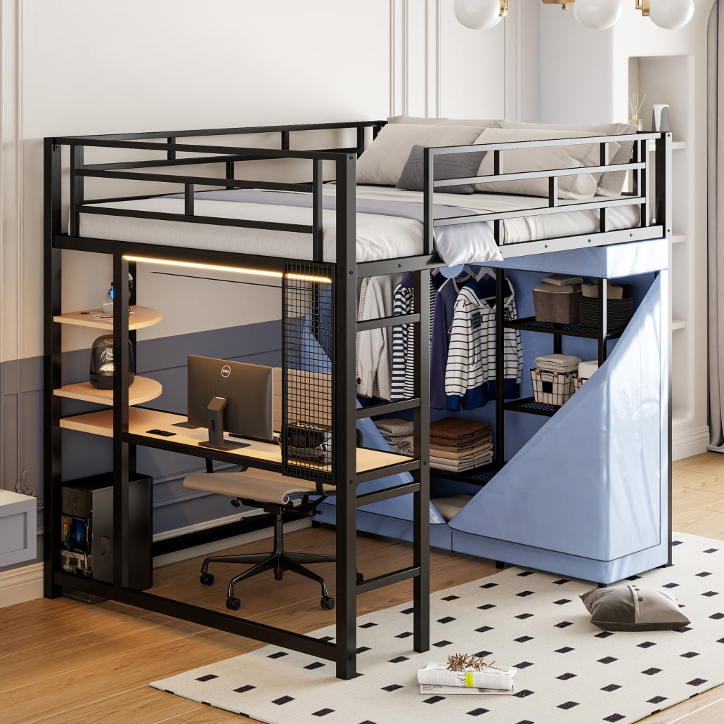 Full Size Loft Bed, Metal Loft Bed with Wardrobe & Desk, Multifunction ...