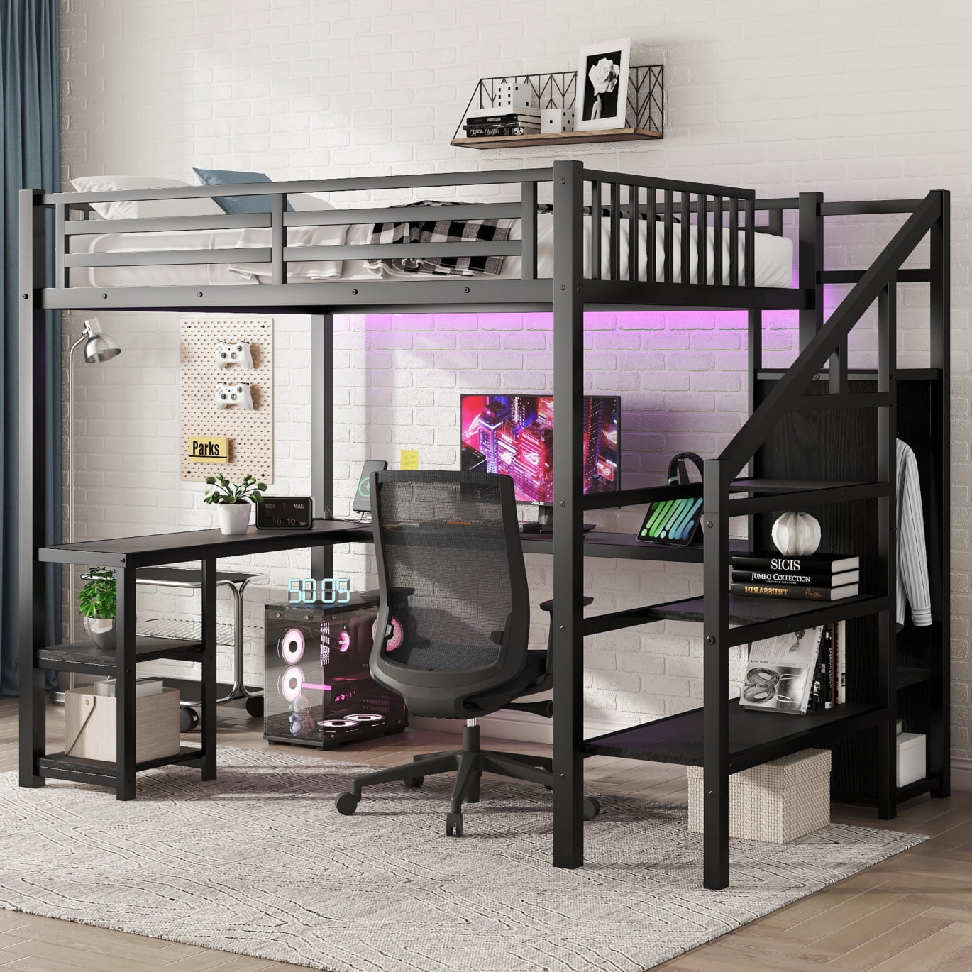 Full Size Loft Bed, Metal Full Bed Frame with LED Light L Shaped Desk ...