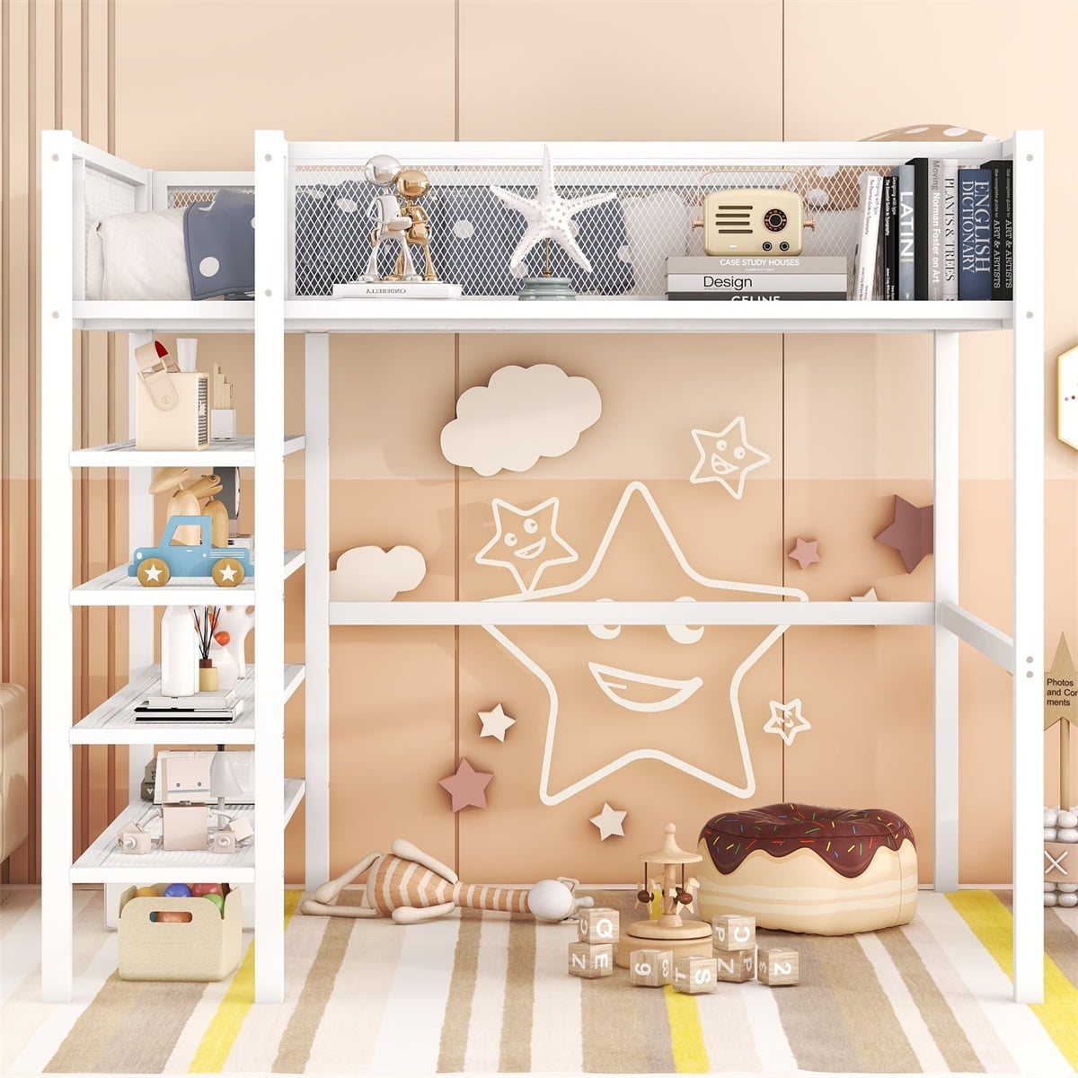 Full Size Loft Bed, Metal Loft Bed Frame with 4-Tier Shelves and ...