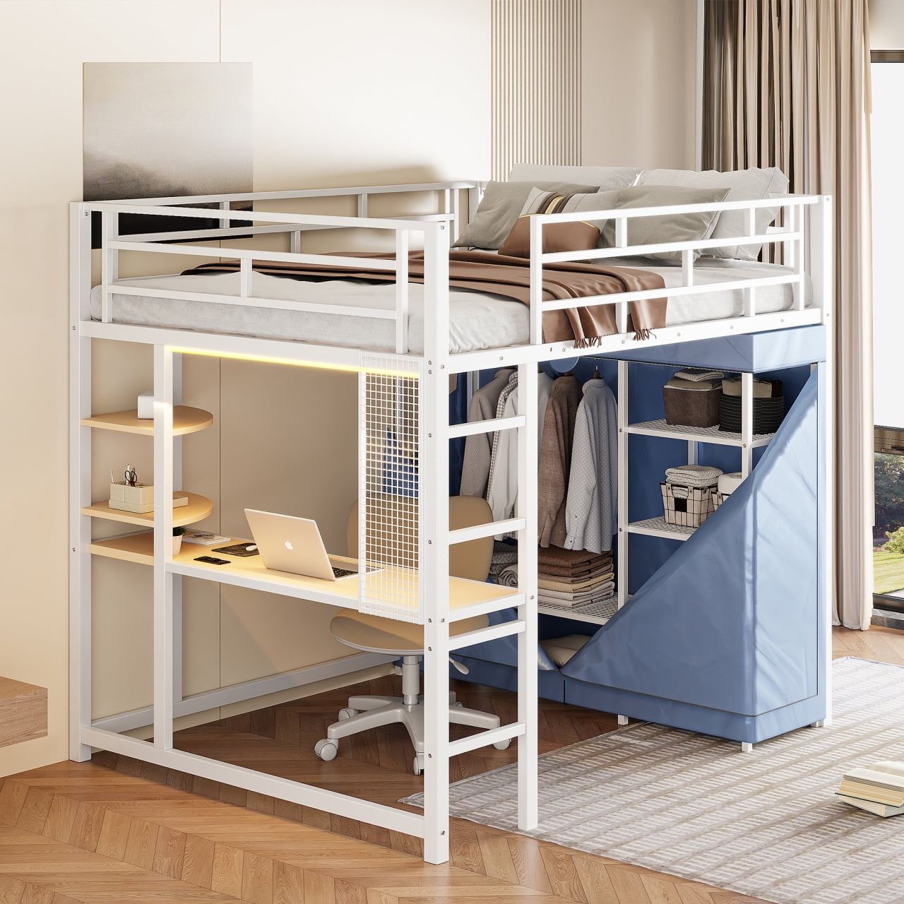 Full Size Loft Bed, Metal Loft Bed with Wardrobe & Desk, Multifunction ...