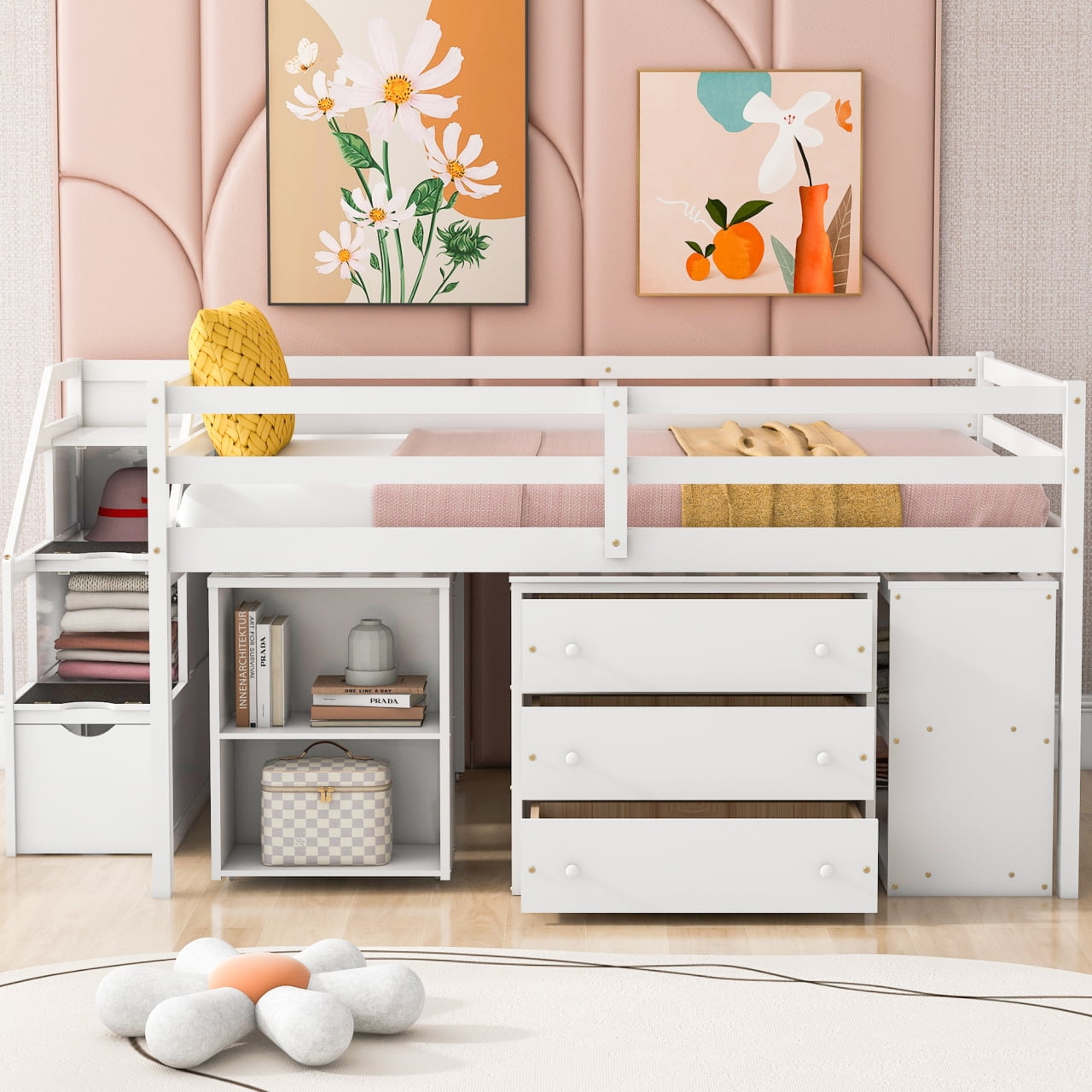 White Wooden Loft Bed with Retractable Desk, 3 Drawers, Storage Stairs ...