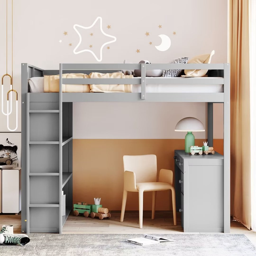 Full Size Loft Bed with Shelves and Desk, Wooden Bedframe with Ladder ...