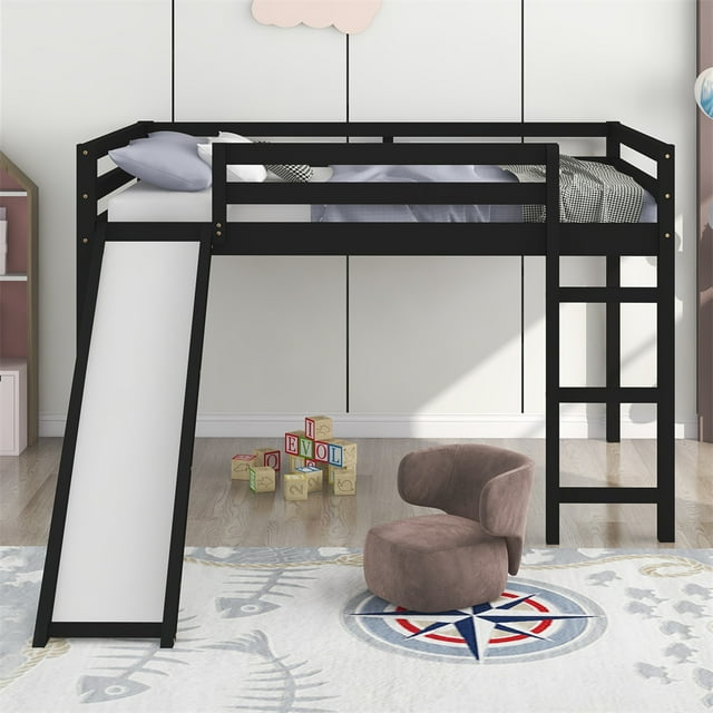 Solid Wood Full Size Loft Bed with Slide, Espresso, Safety Guardrail ...