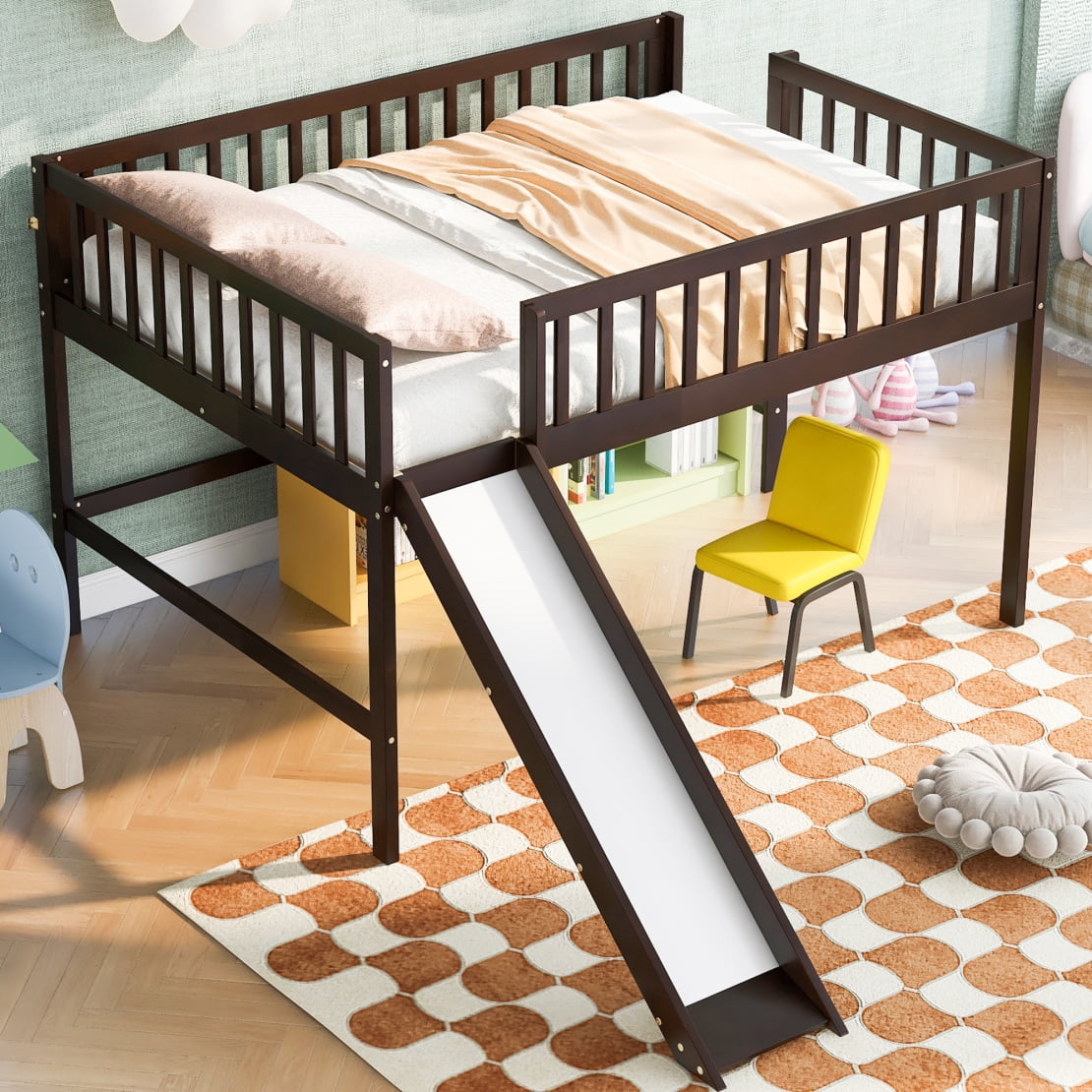 Full Size Loft Bed with Slide, Wood Low Loft Bed with Safe Guardrails ...