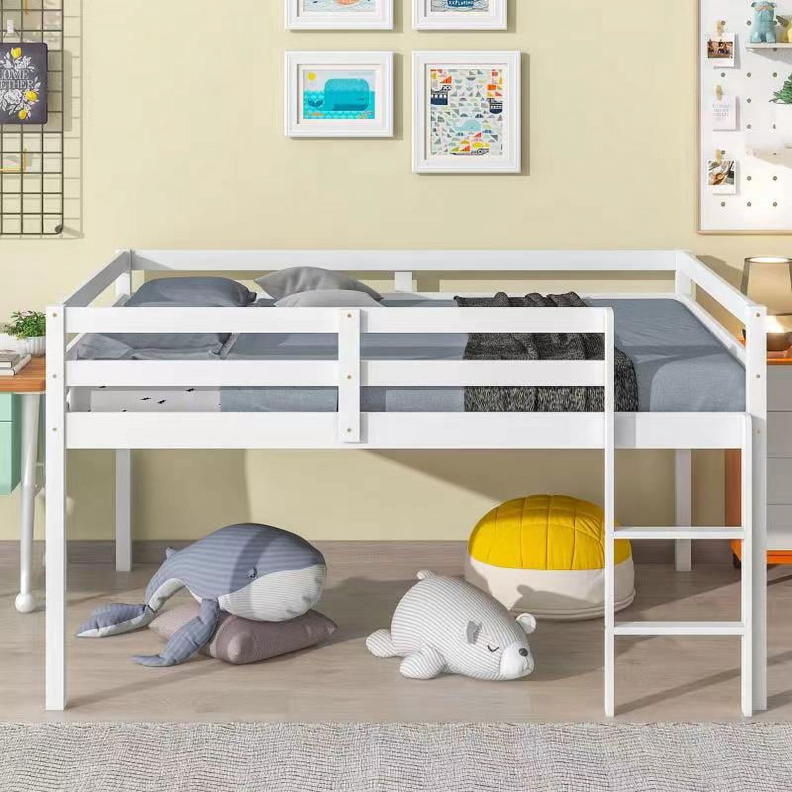 Full Size Solid Wood Loft Bed with Guardrail, Built-in Ladder, Underbed ...