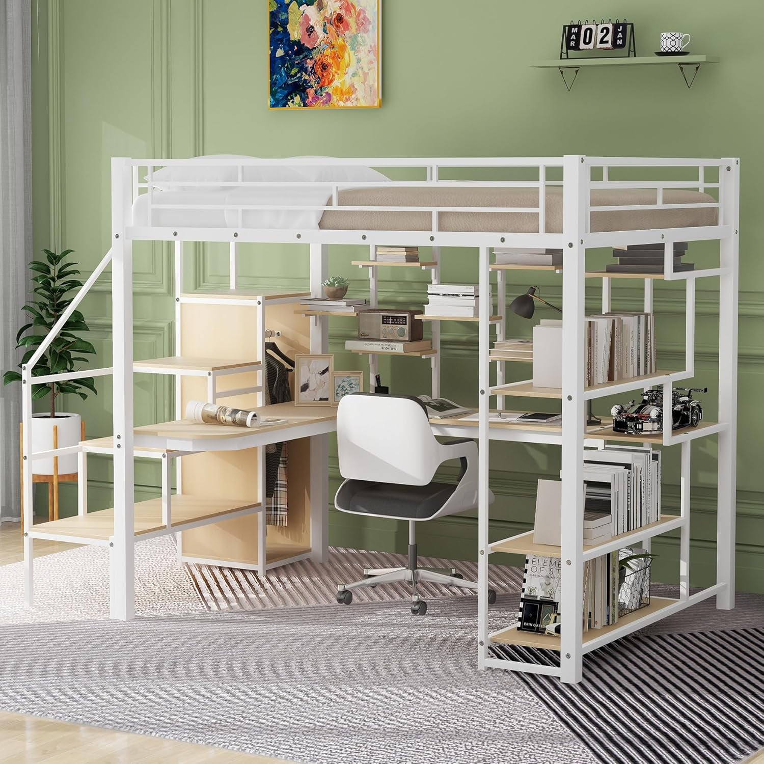 Full Size Loft Bed with Stairs and Desk, Metal Loft Bed Frame with ...