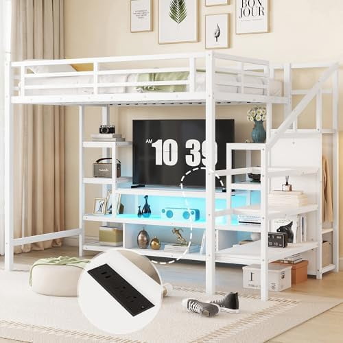 Full Size Loft Bed with Stairs,Metal Gaming Loft Bed with TV Cabinet ...