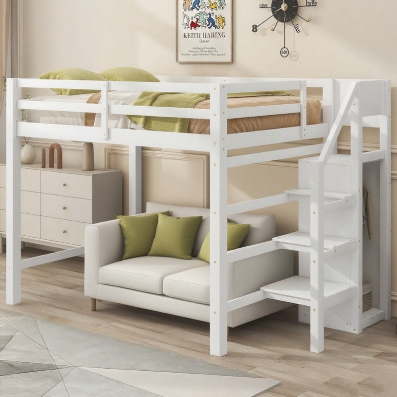 Full Size Loft Bed with Stairs, Wood Loft Beds Frame with Wardrobe and ...
