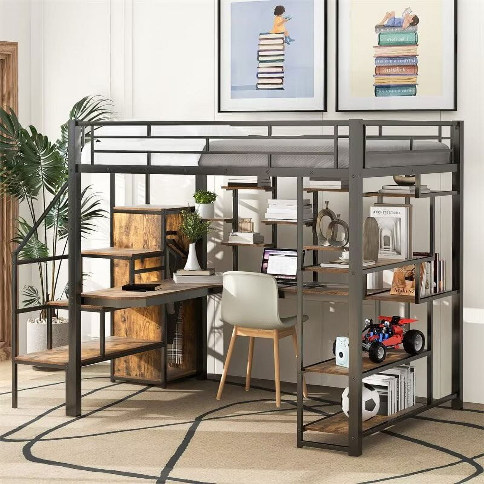 Full Size Loft Bed with Storage Staircase and Small Wardrobe, Metal ...