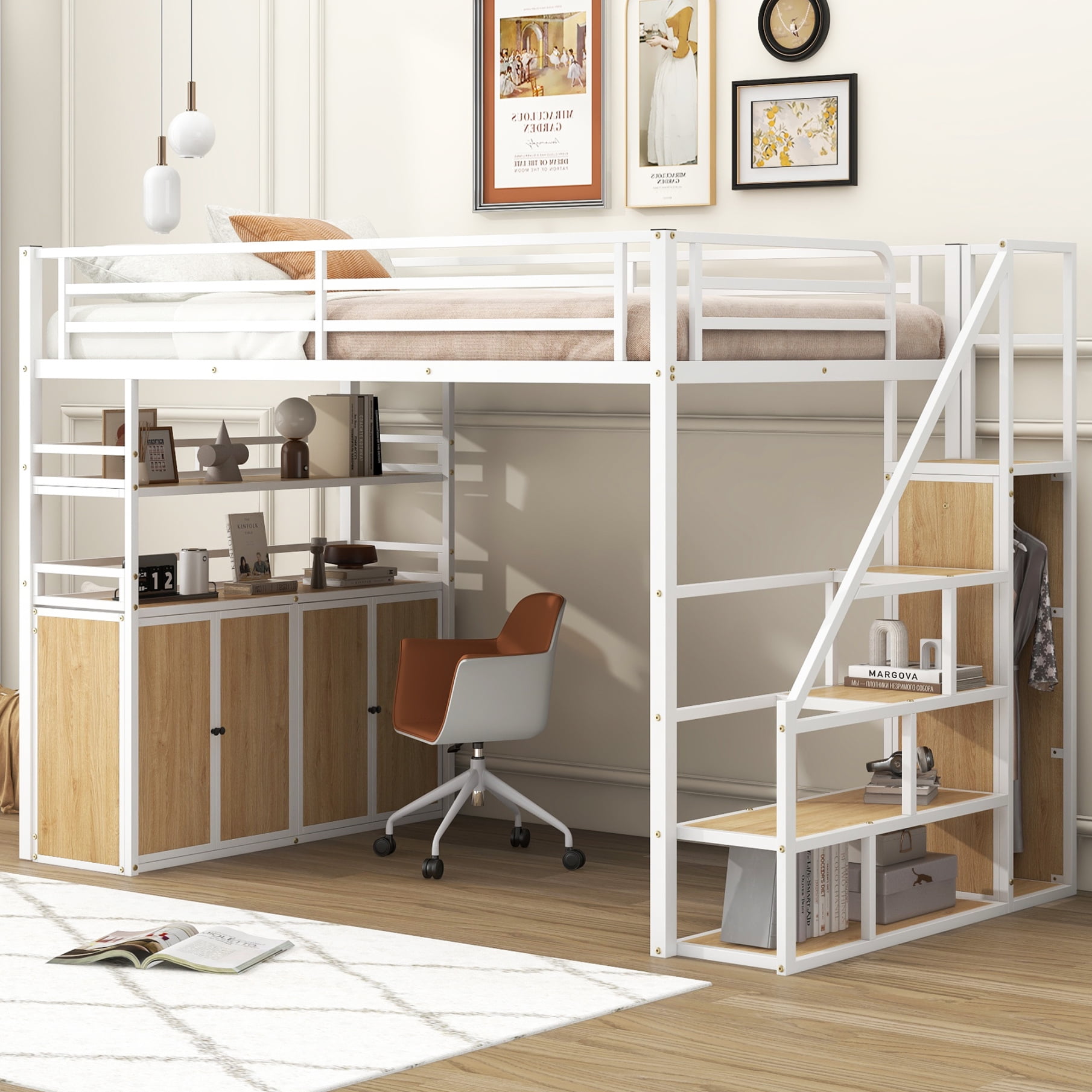 Full Size Loft Bed with Storage Staircase & Wardrobe, Space-Saving ...