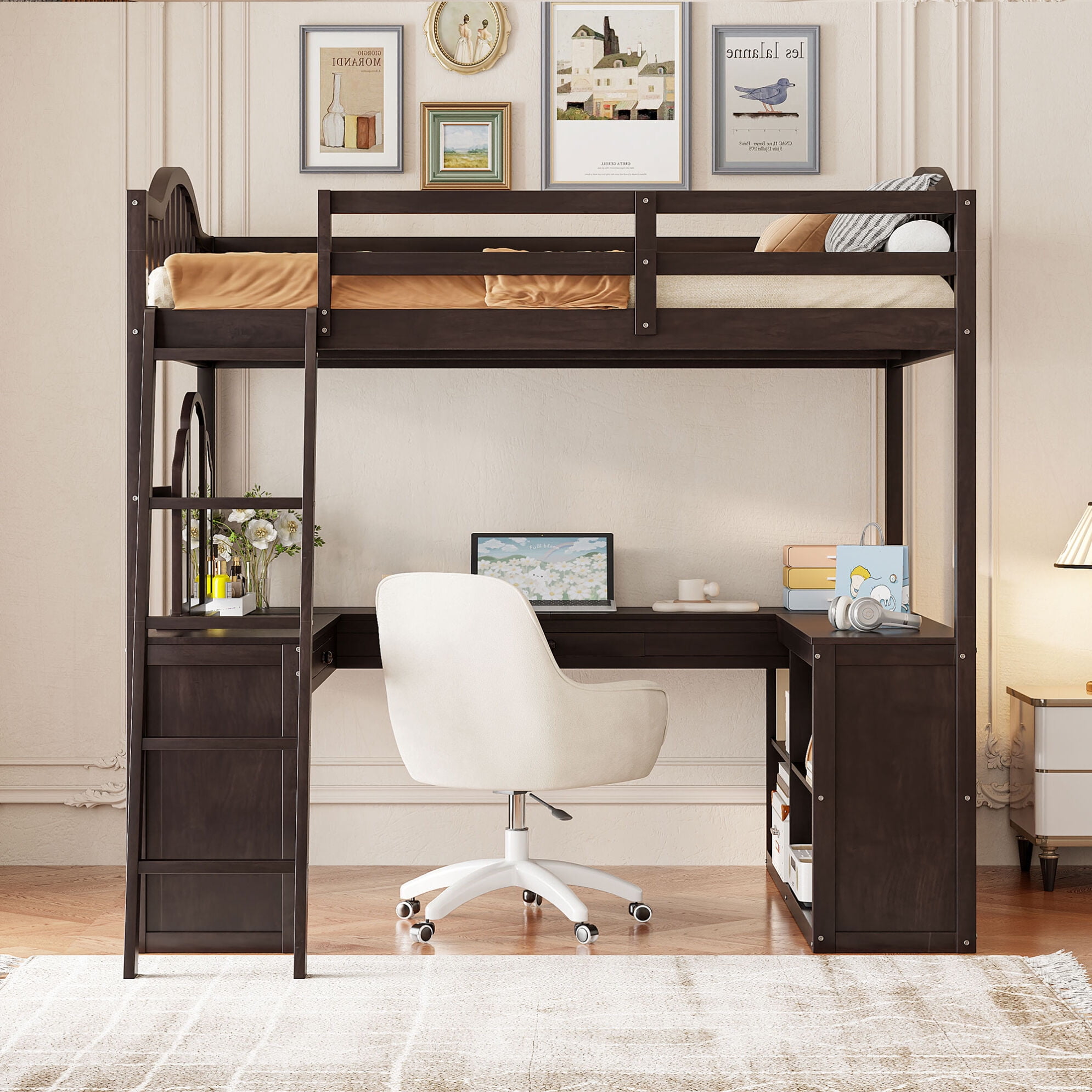 Full Size Loft Bed with U-Shaped Desk & Tri-Fold Mirror, Wood Full Loft ...
