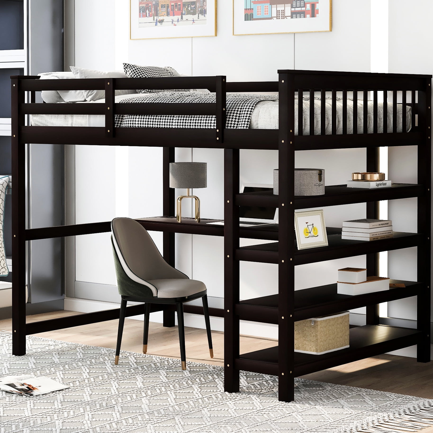 Full Size Loft Bed | Under-bed Desk and Shelves | Space-efficient ...