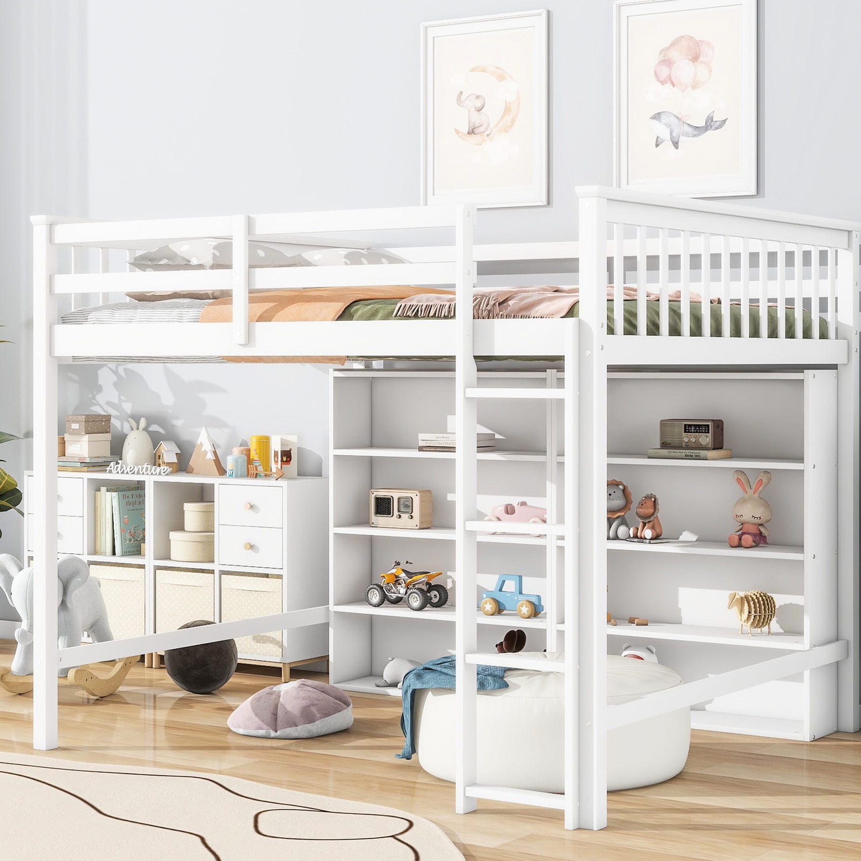 Full Size Loft Bed, White, with 8 Storage Shelves and Ladder | Solid ...
